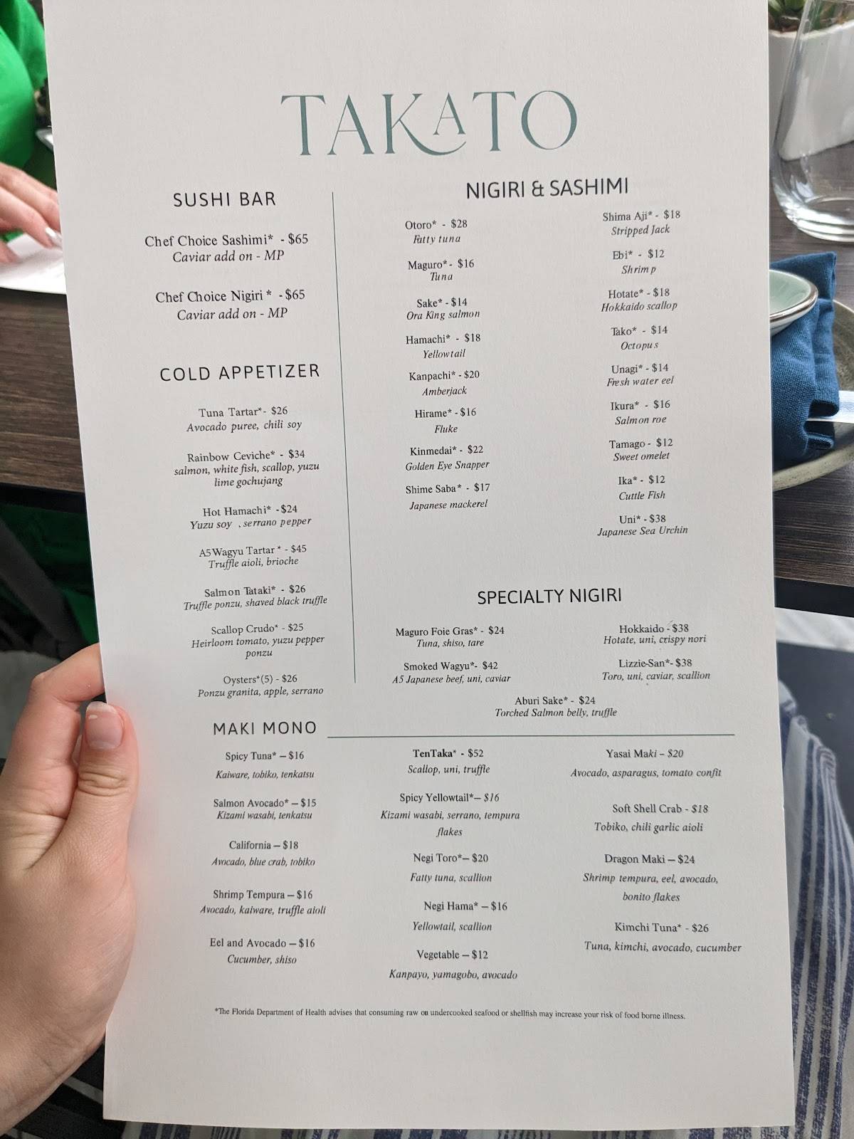 Menu at TAKATO restaurant, Fort Lauderdale