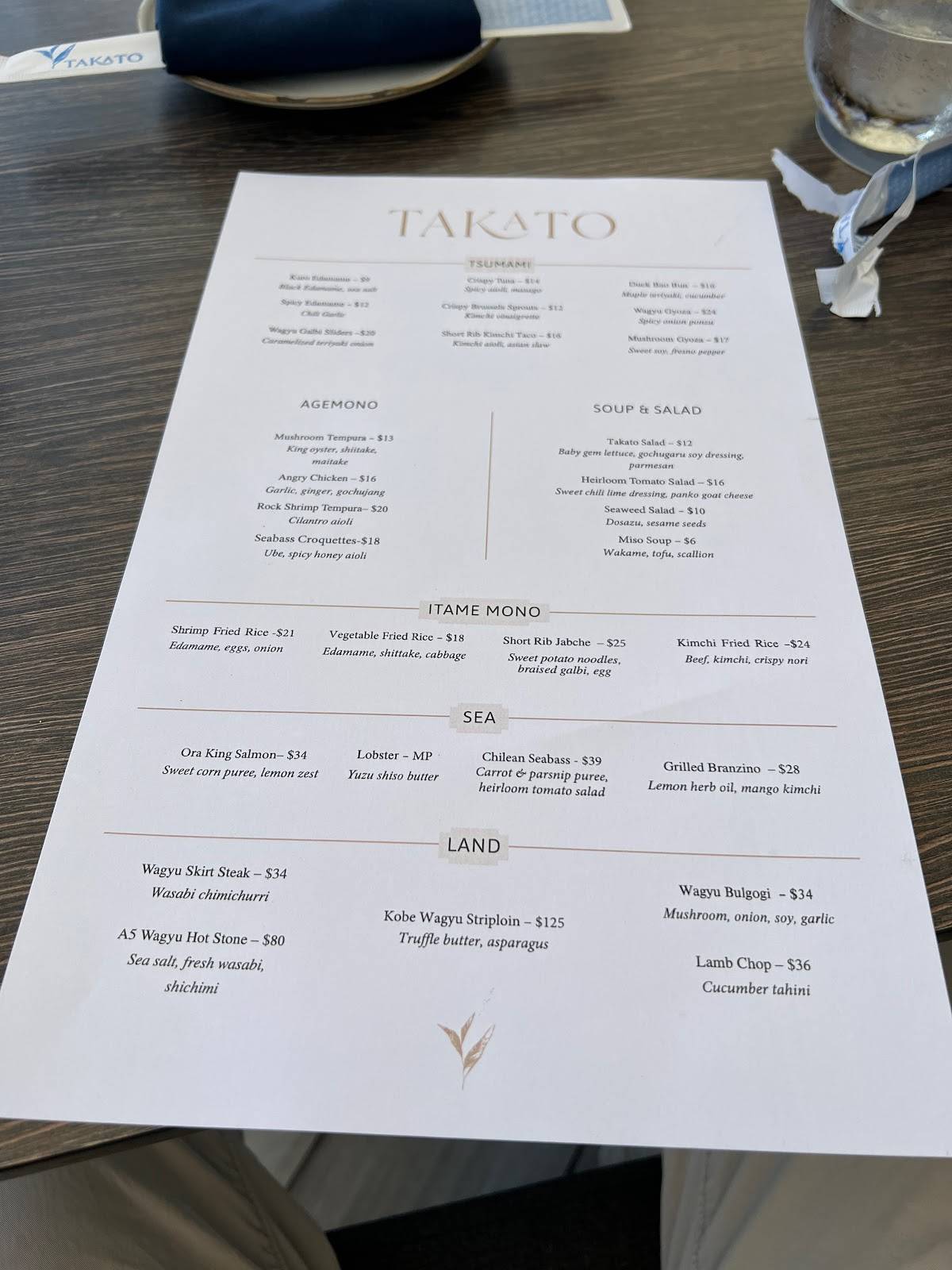Menu at TAKATO restaurant, Fort Lauderdale