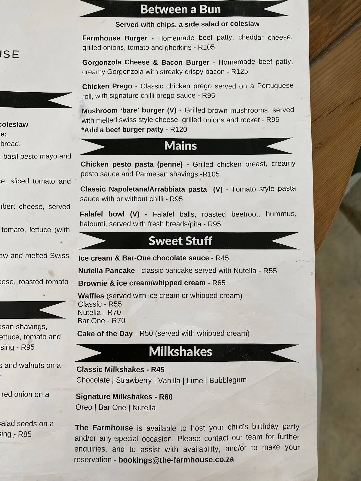 Menu at THE FARMHOUSE AT STEYN CITY restaurant, Midrand