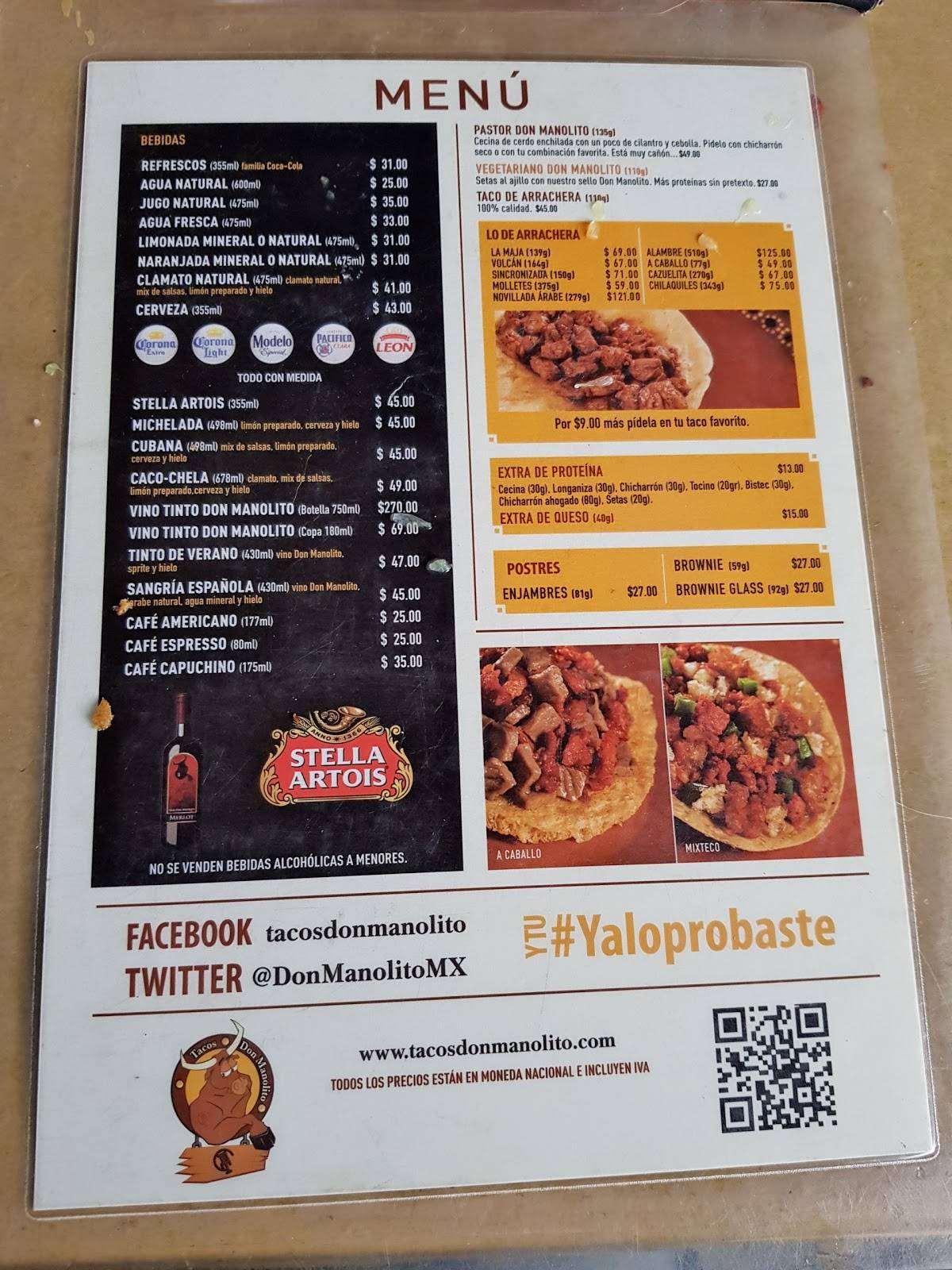 Carta del restaurante Tacos Don Manolito Satélite, Naucalpan del Juárez ...