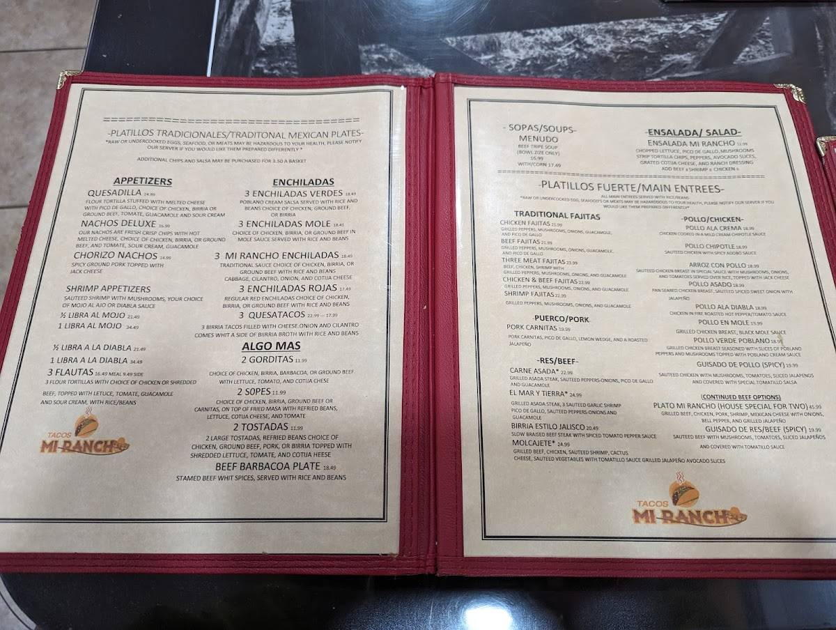 Menu at Tacos Mi Rancho restaurant, Moses Lake, S Pioneer Way
