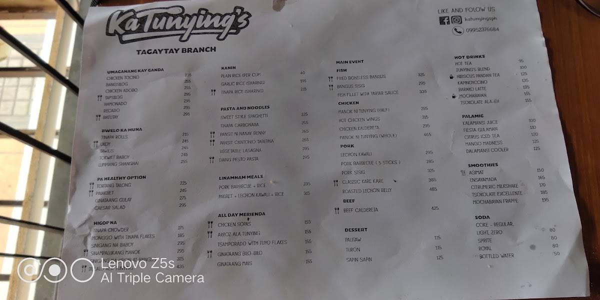 Menu at Ka Tunying's Tagaytay restaurant, Tagaytay, Unid D