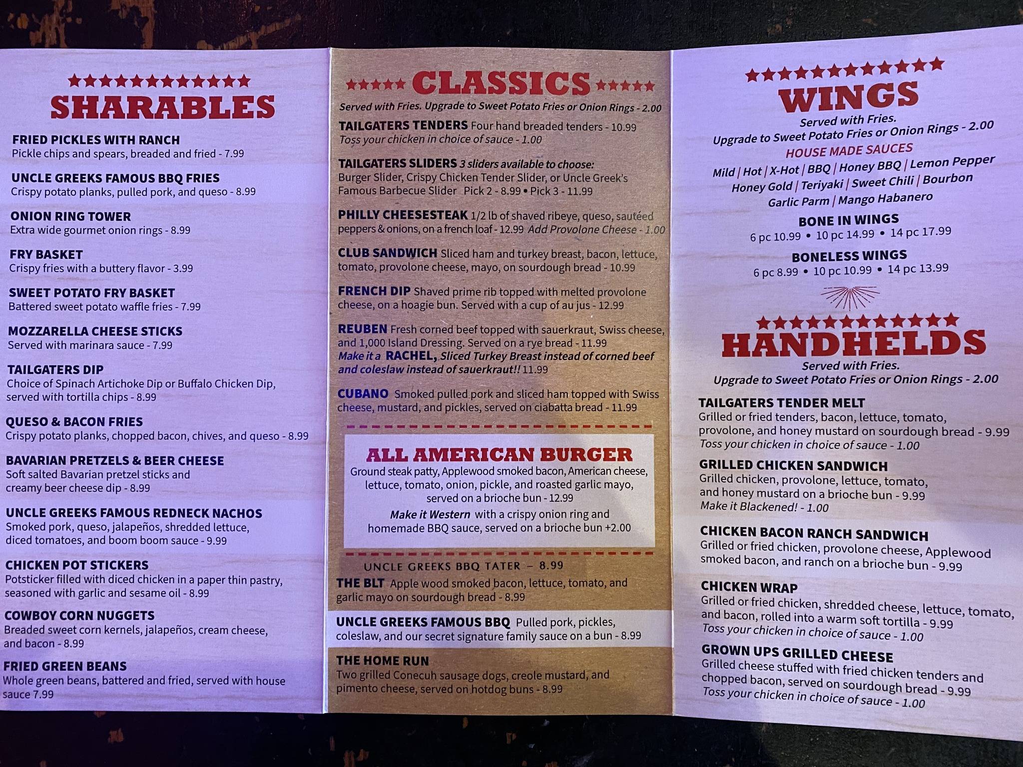 Menu at TailGaters pub & bar, Huntsville