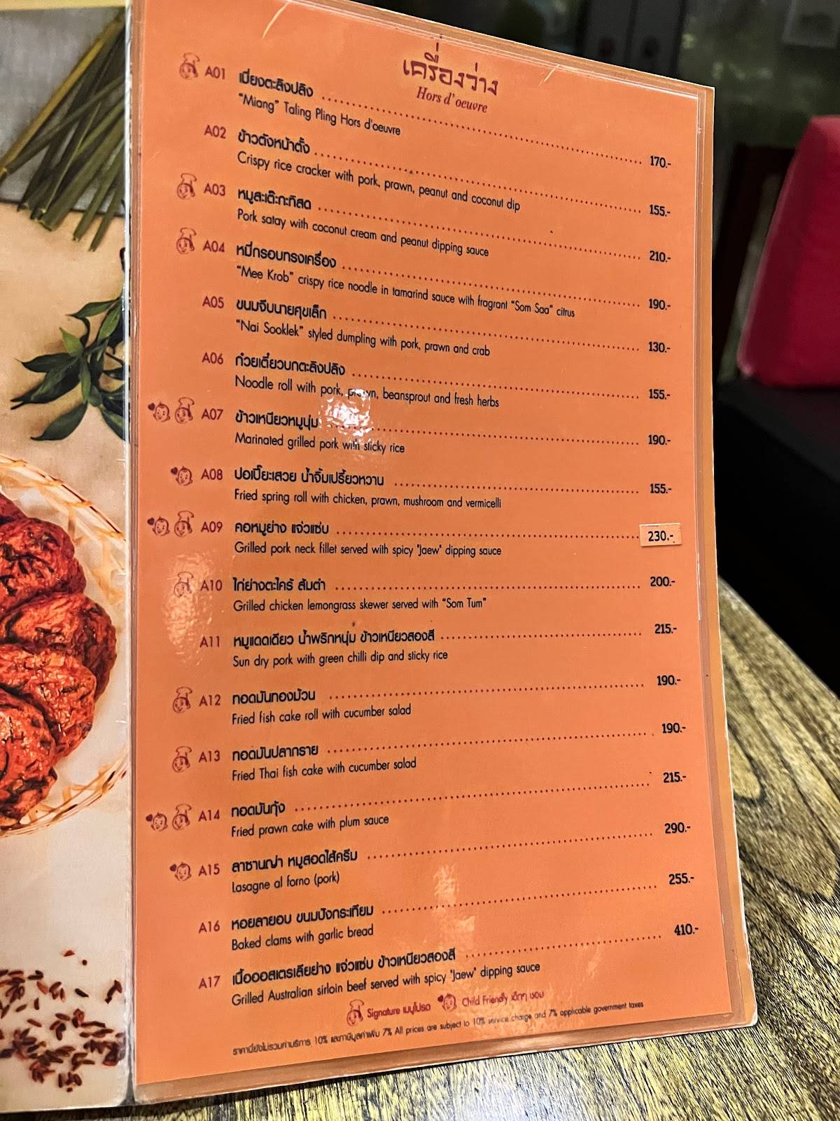 Menu at Taling Pling Sukhumvit 34 restaurant, Bangkok, 25 Soi Sukhumvit 34