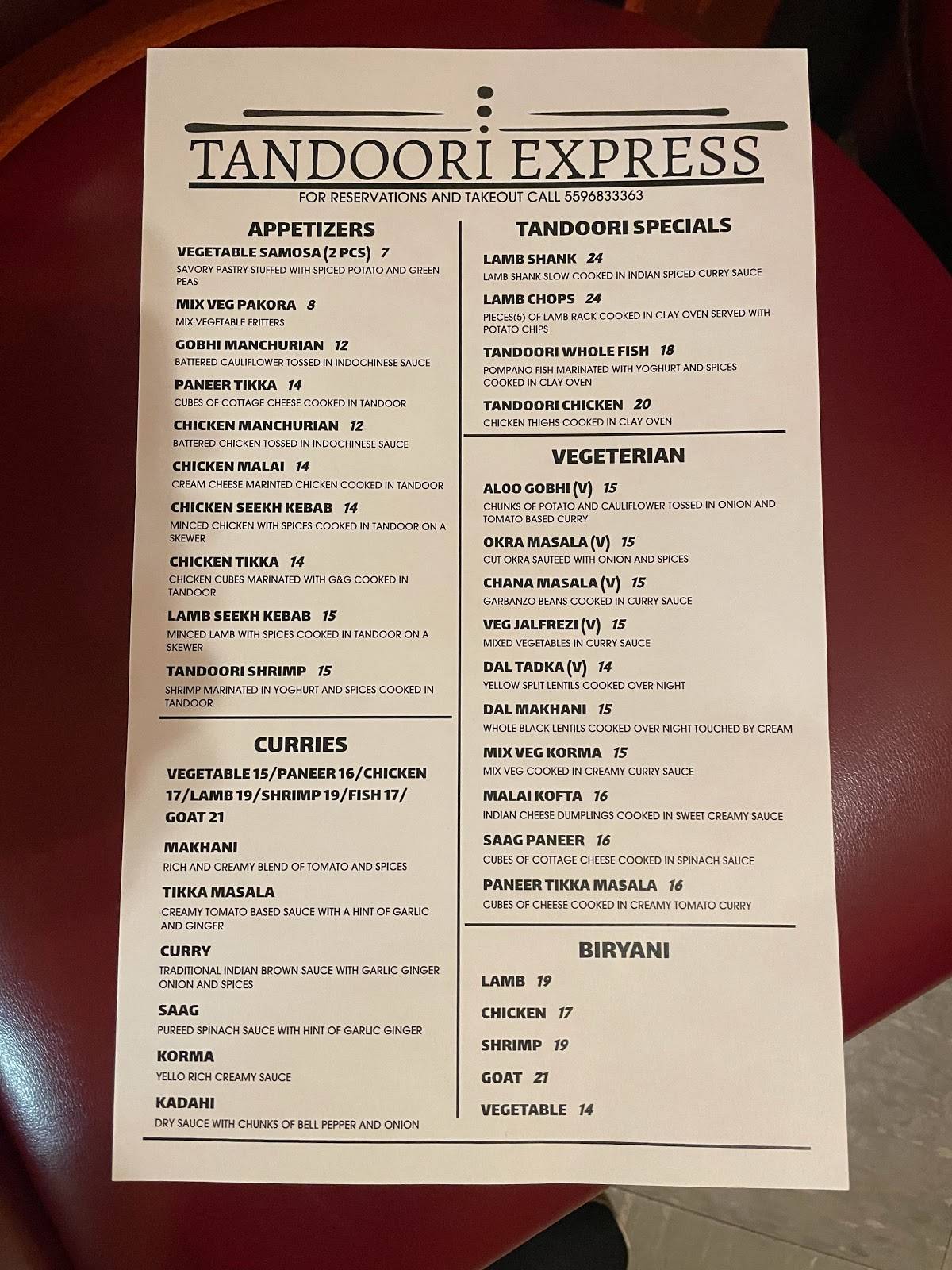 Menu at Tandoori Express restaurant, Oakhurst