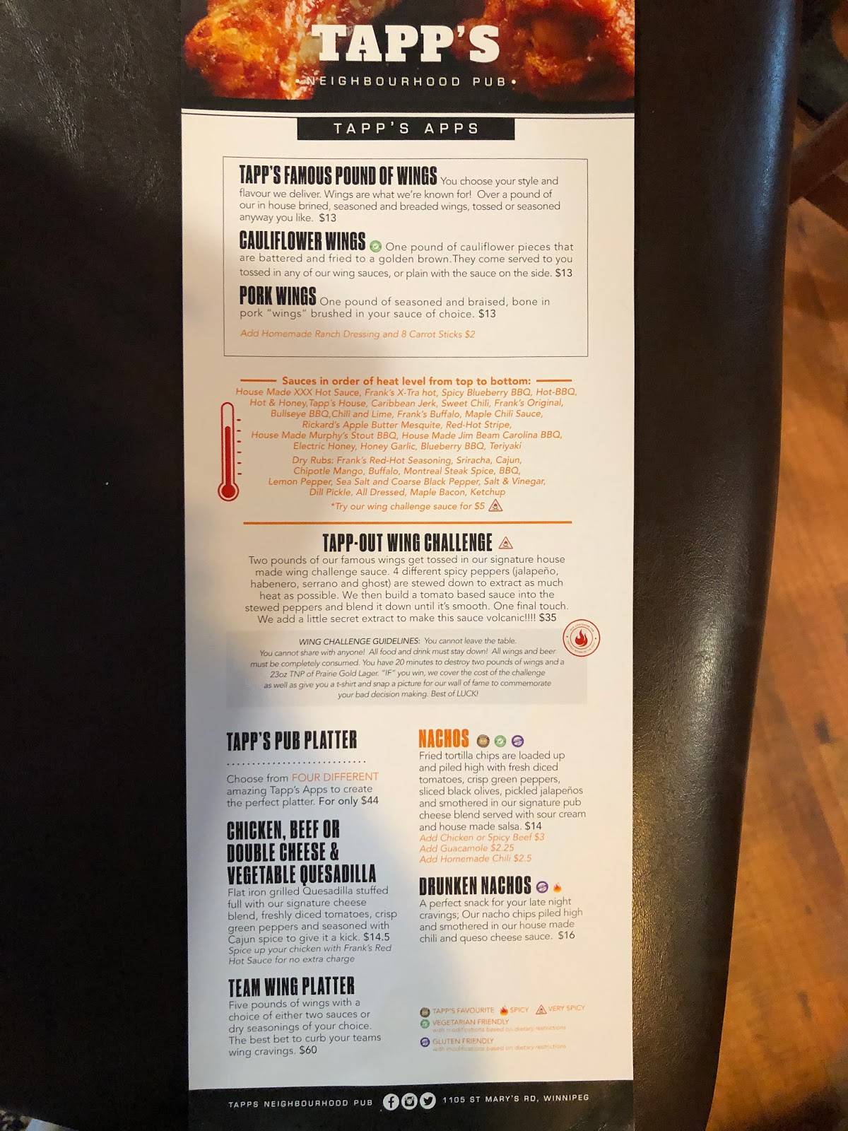 Menu at Tapp's Neighbourhood Pub, Winnipeg