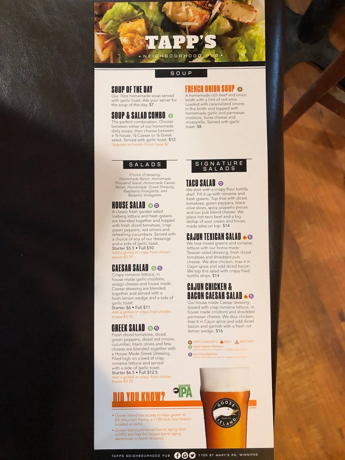 Menu at Tapp's Neighbourhood Pub, Winnipeg