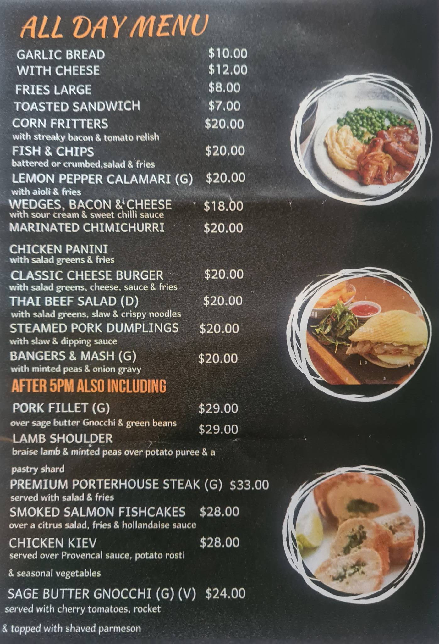 Menu at Taradale Club, Napier