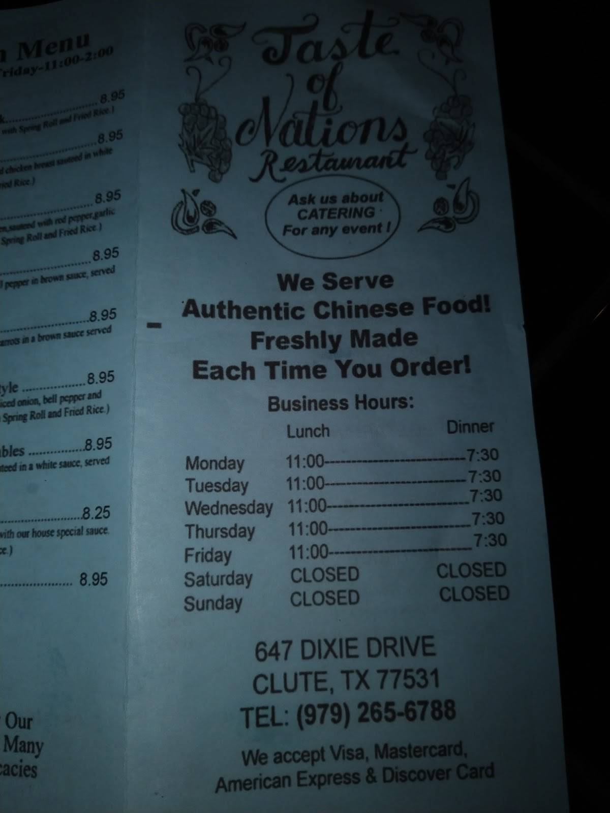 Menu at Taste of Nations Restaurant, Clute