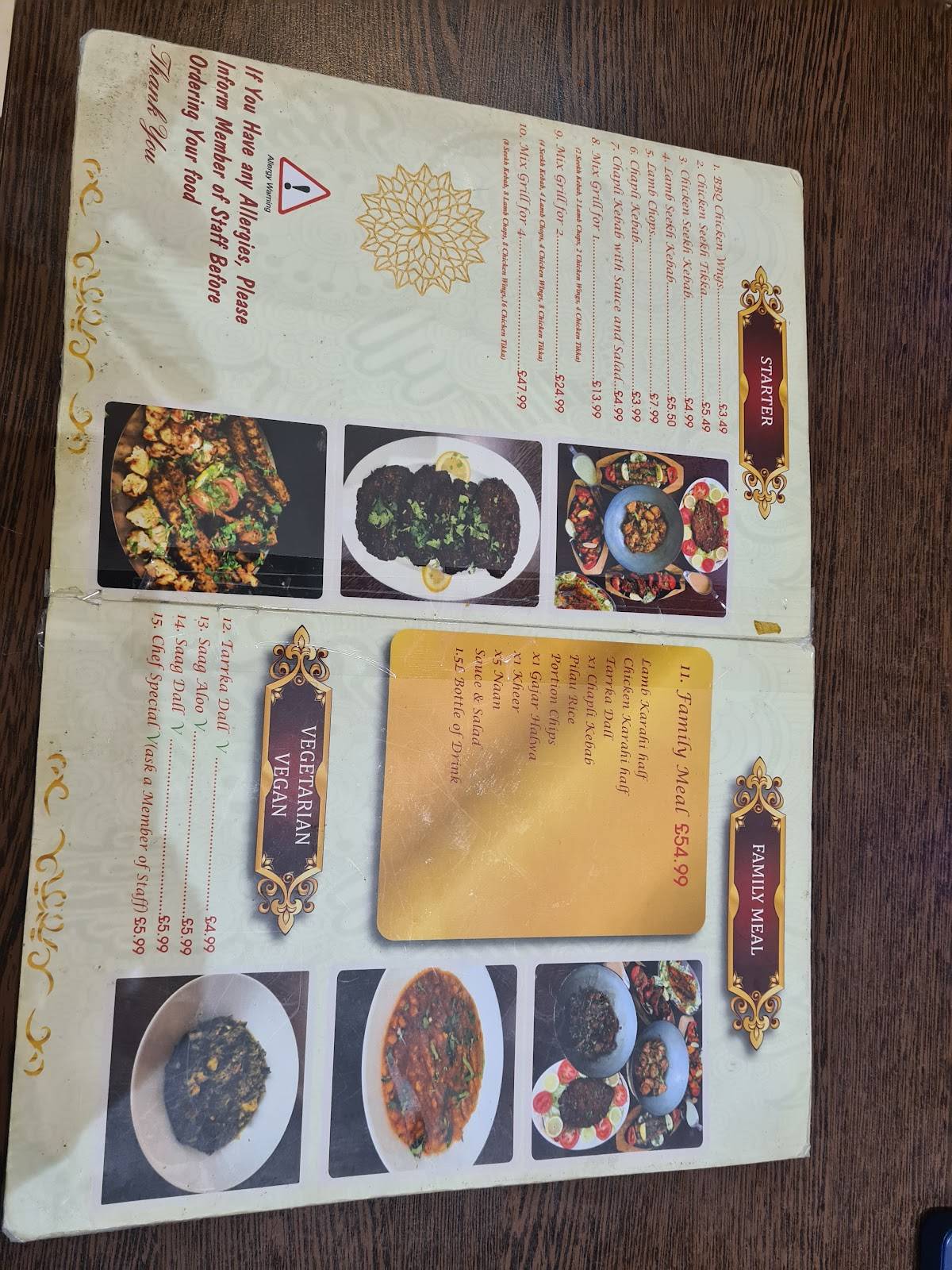 Menu at Taste of Peshawar restaurant, Wembley