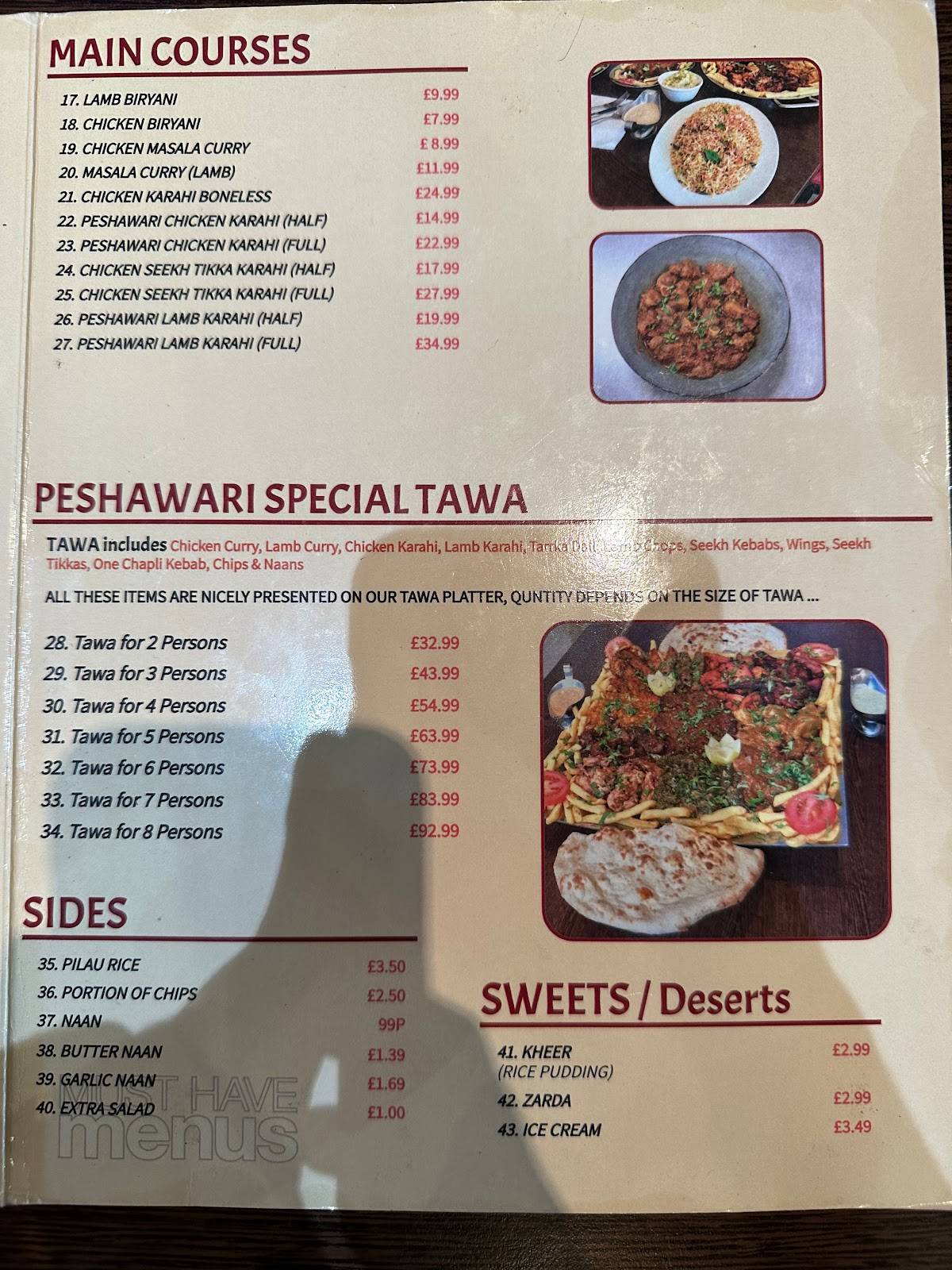 Menu at Taste of Peshawar restaurant, Wembley