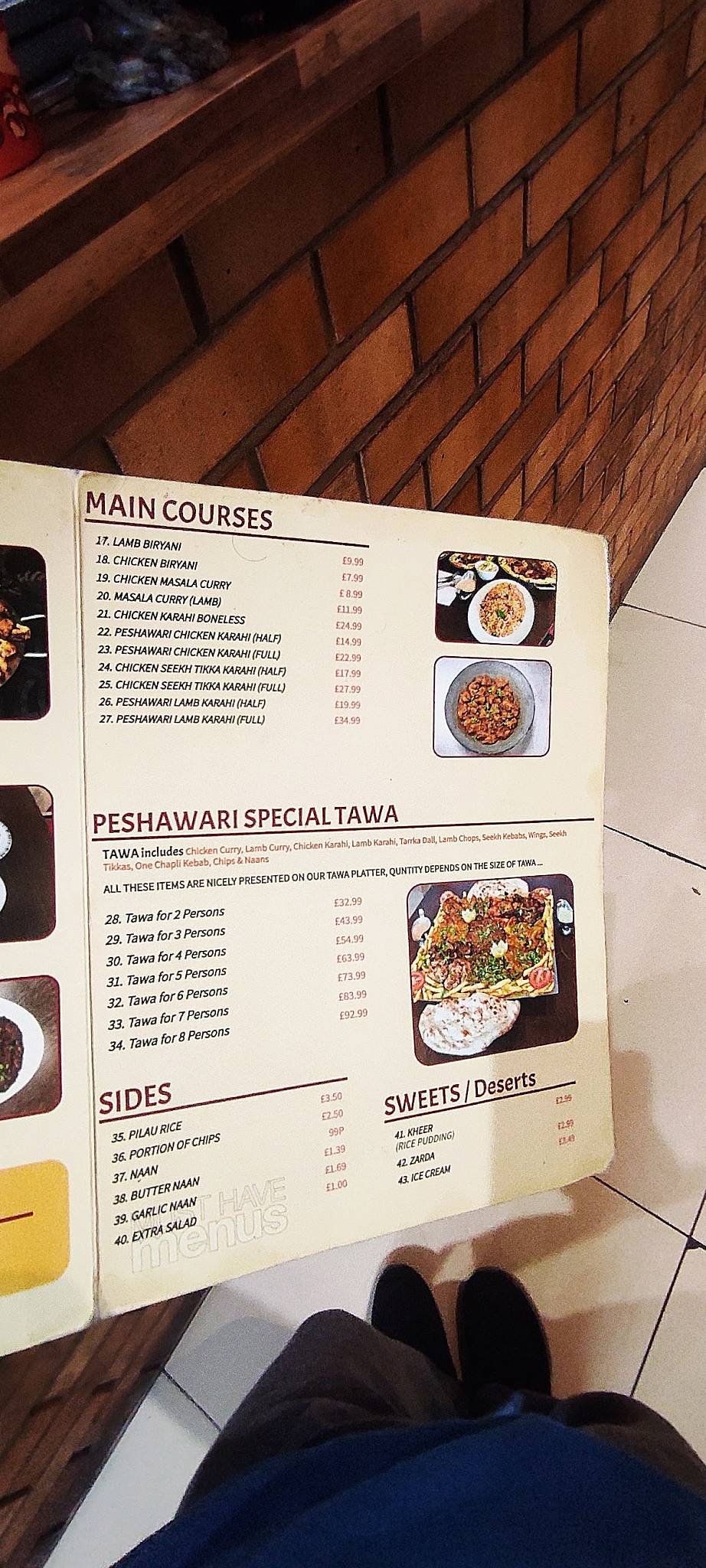 Menu at Taste of Peshawar restaurant, Wembley