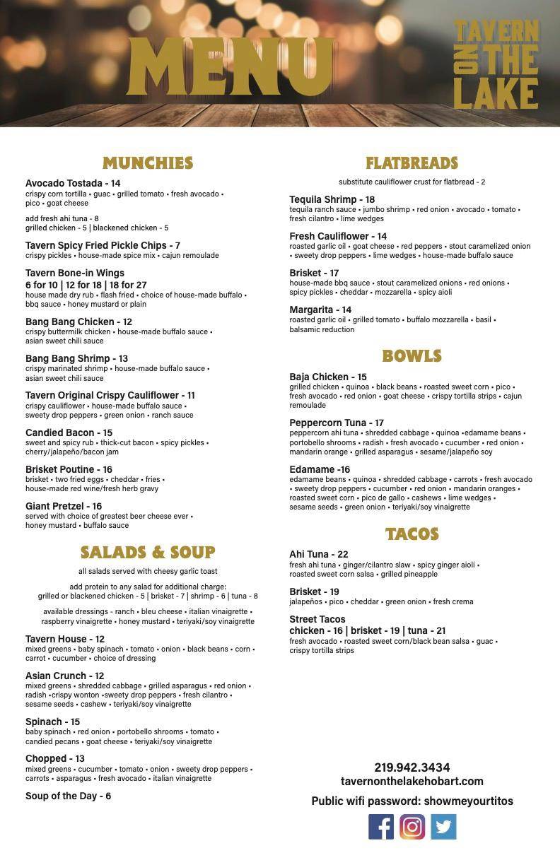 Menu at Tavern on the Lake restaurant, Hobart