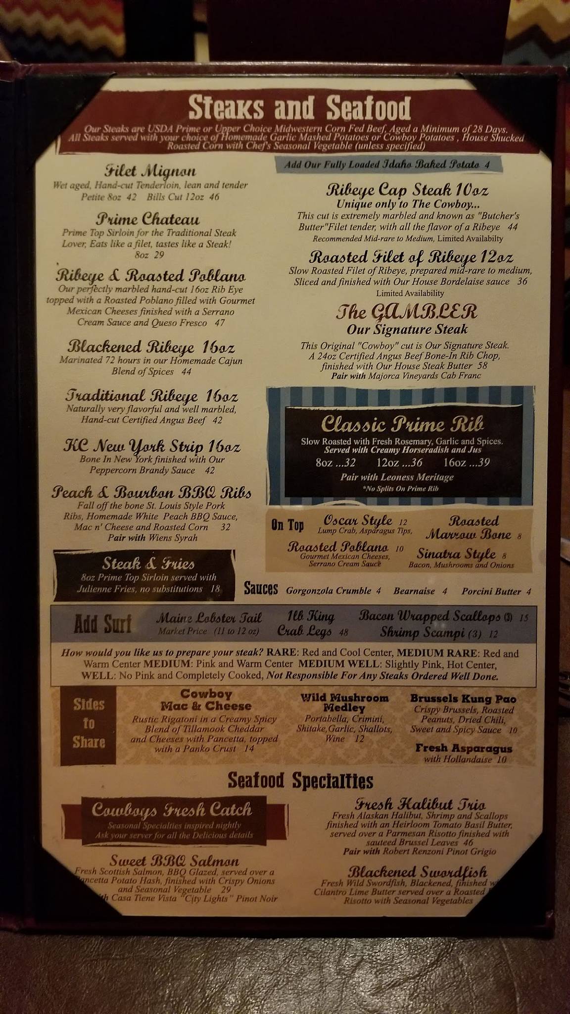 Menu at The Gambling Cowboy steakhouse, Temecula