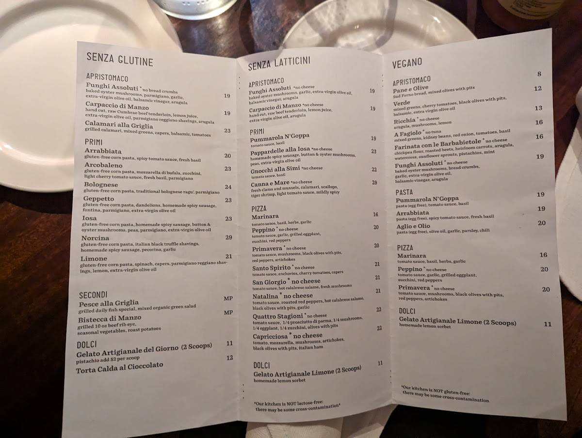 Menu at Terroni restaurant, Toronto, 57 Adelaide St E