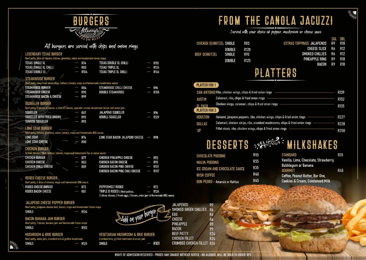 Menu at Texas Burger and Beerhouse restaurant, Bloemfontein, 1 Koppie Rd