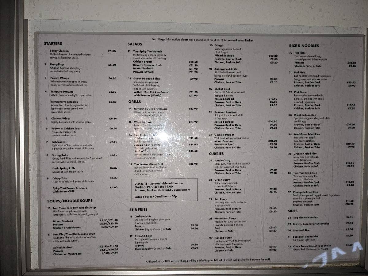Menu at Thai Metro restaurant, London