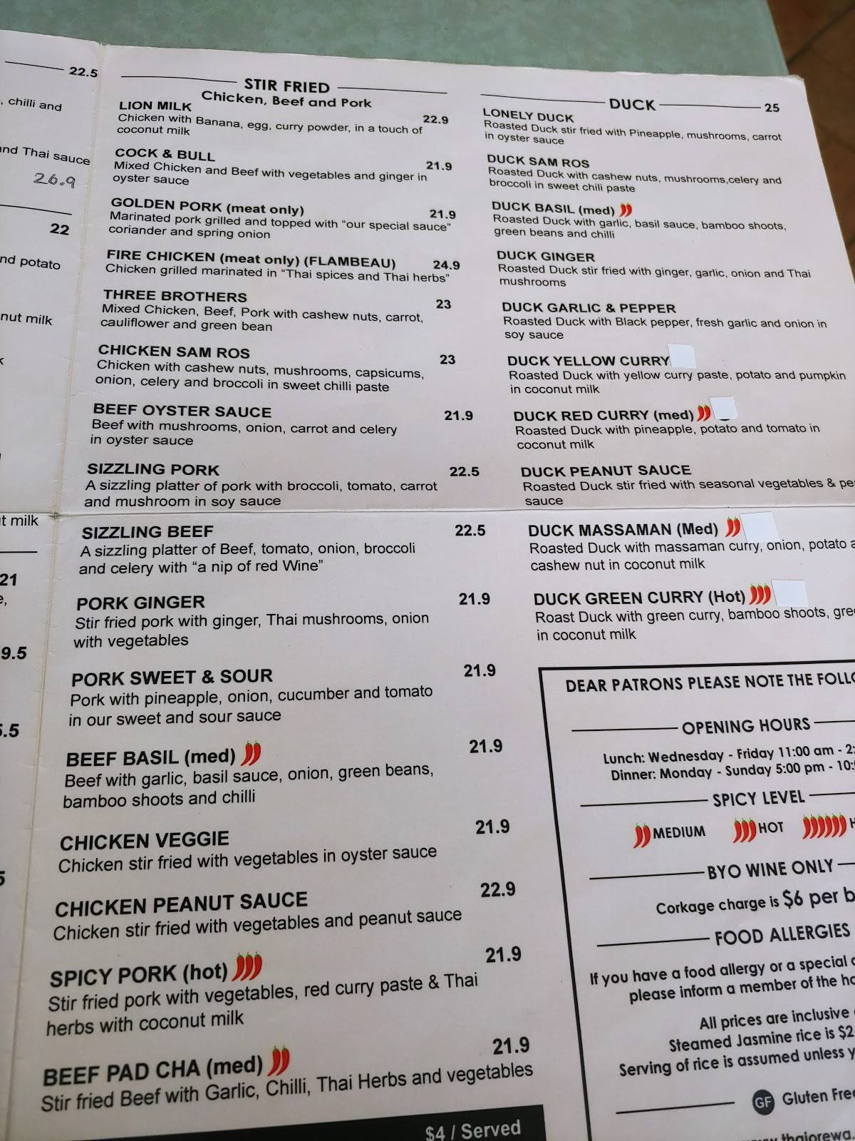 Menu at Thai Orewa Restaurant, Orewa, 328 Hibiscus Coast Hwy