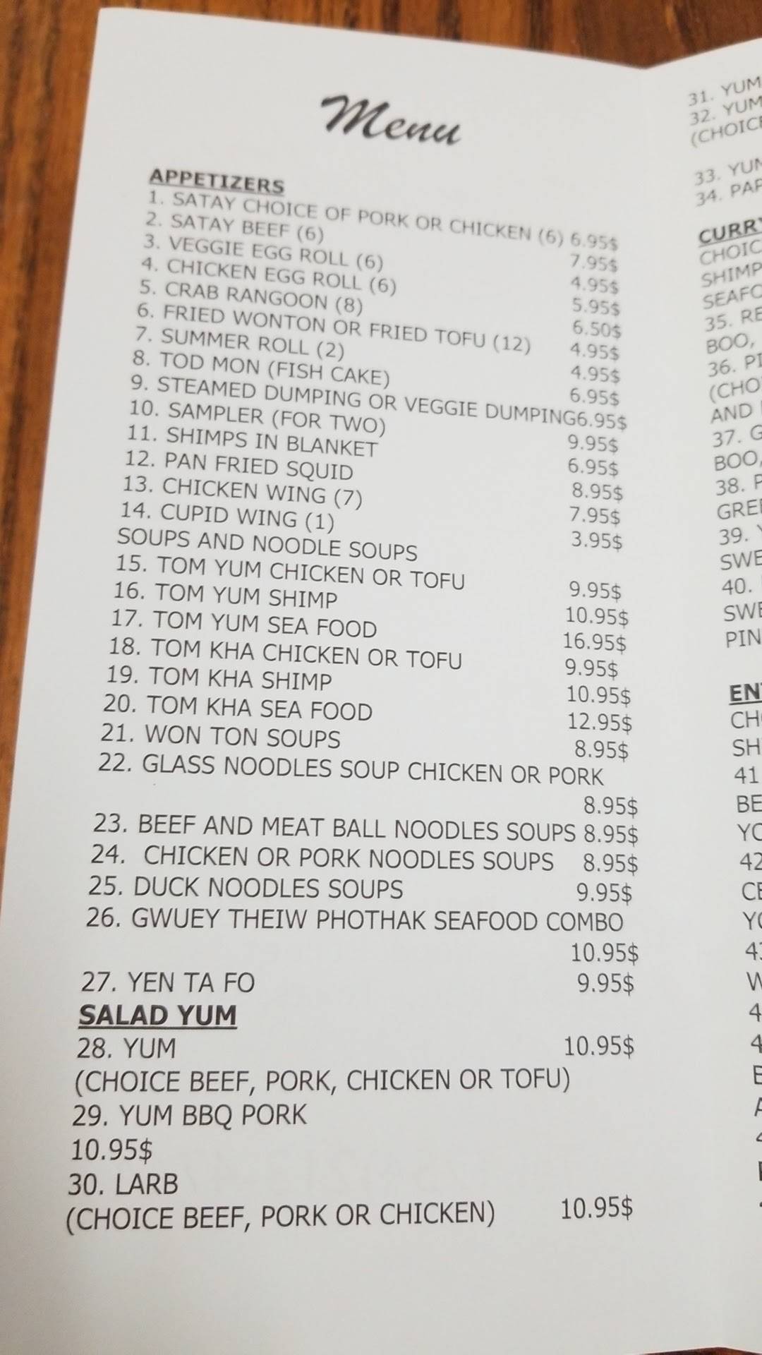 Menu at Tham Rab Thai Restaurant, Killeen