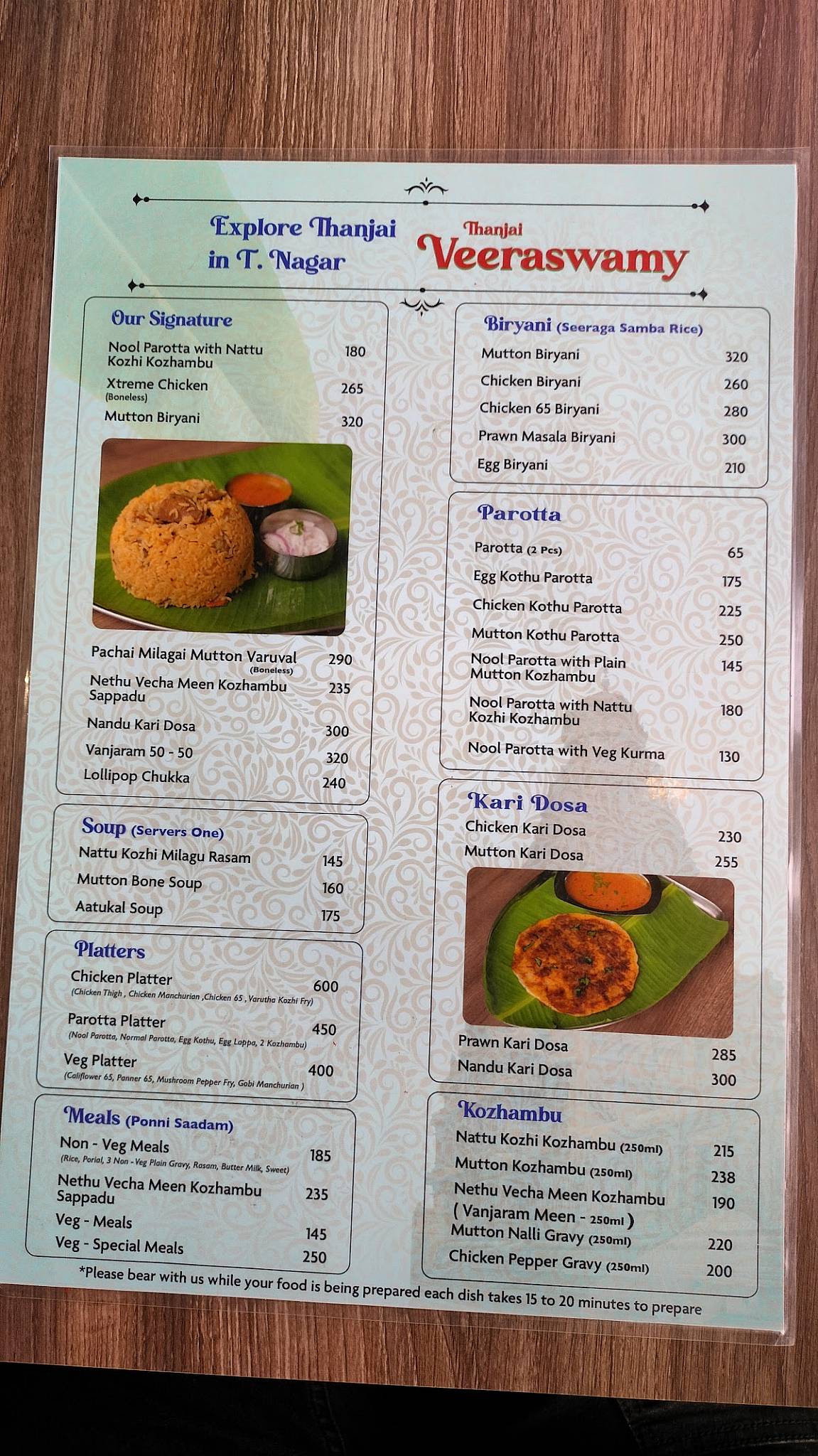 Menu at Thanjai veeraswamy, Chennai