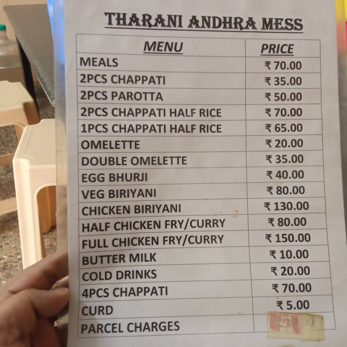 Menu at Tharani Andhra Mess, Bengaluru