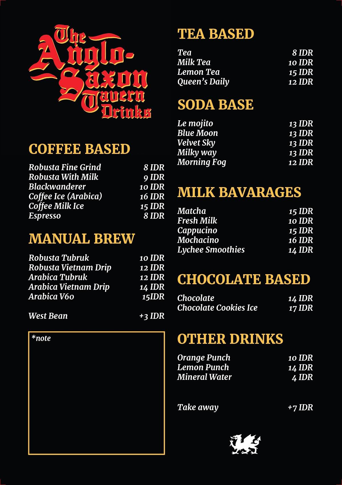 Carta del café The Anglo-Saxon Tavern, Jember