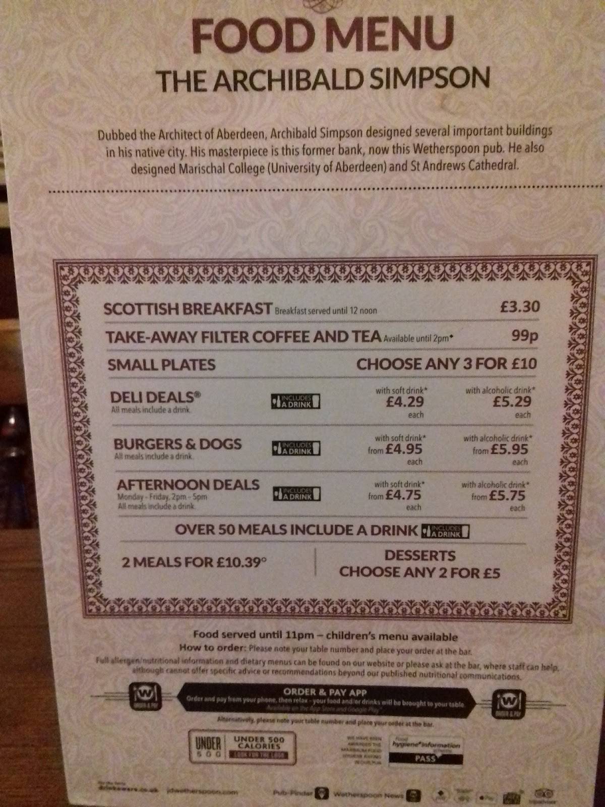 Menu at The Archibald Simpson - JD Wetherspoon pub & bar, Aberdeen, 5 ...