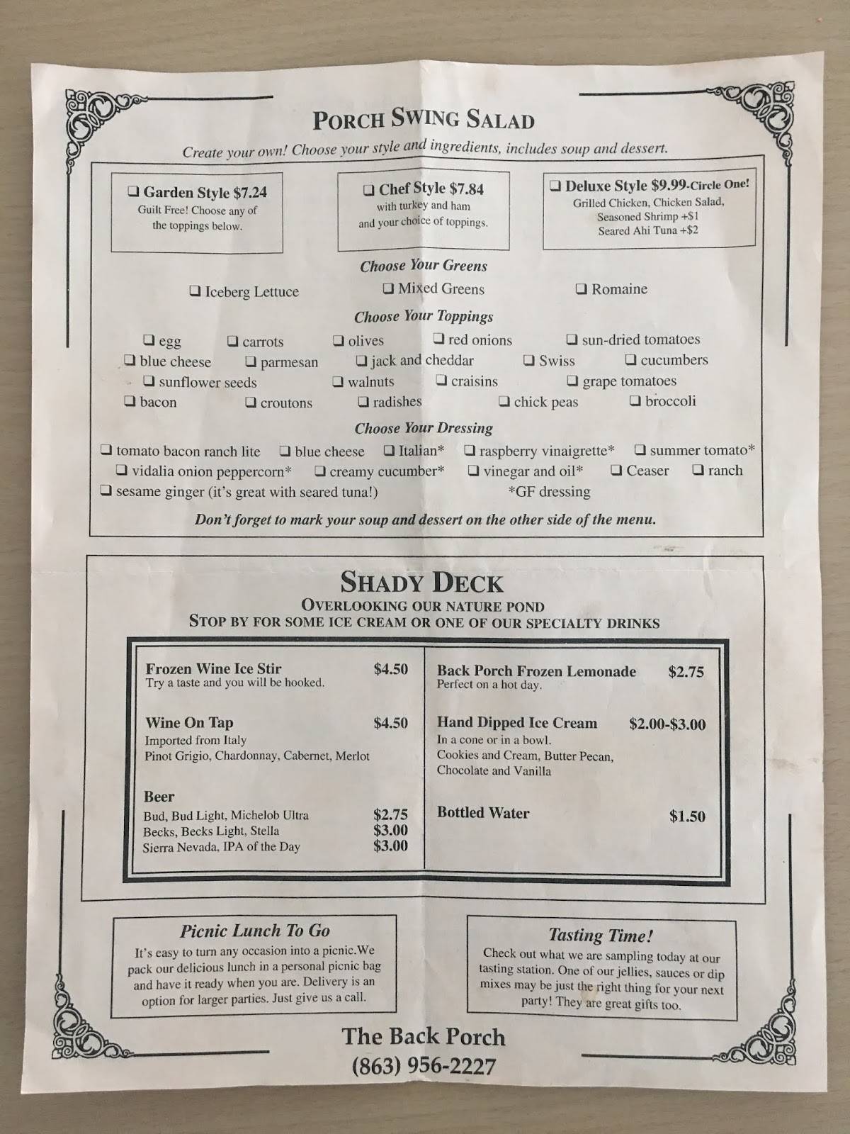 Menu at The Back Porch Restaurant, Lake Alfred, 115 Co Rd 557A