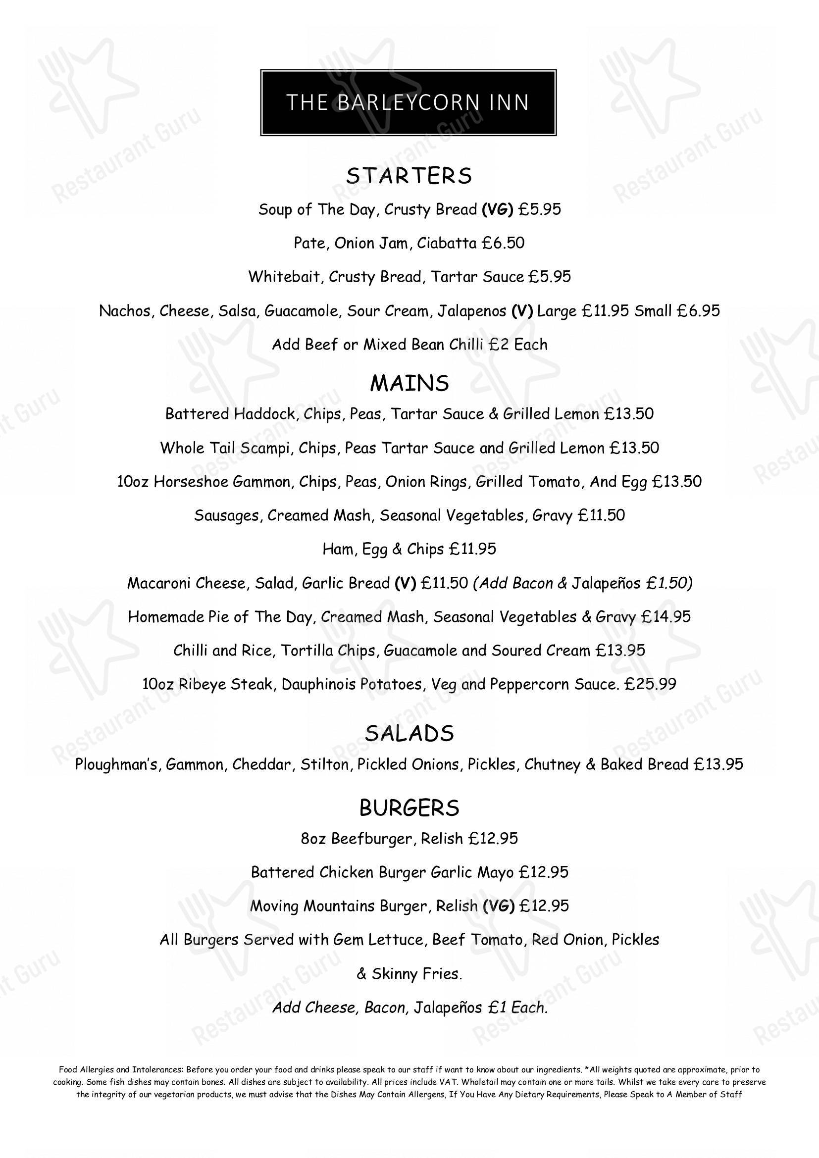 Menu at The Barleycorn Inn, Waltham Chase