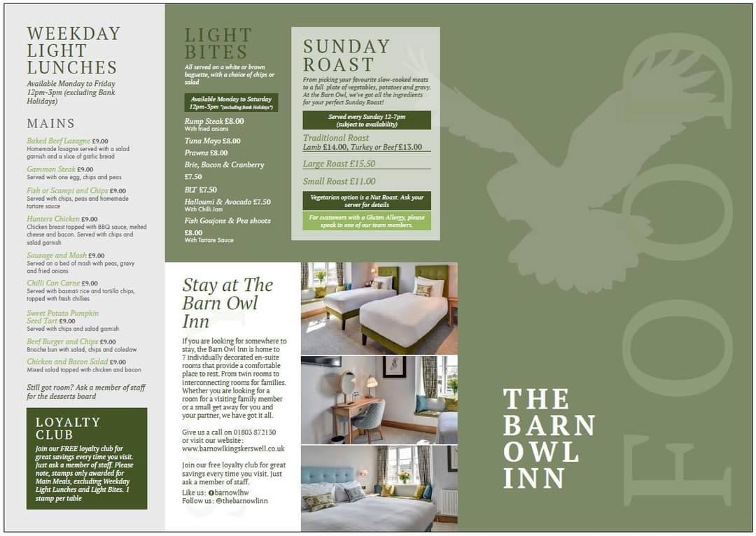 Menu at The Barn Owl, Newton Abbot