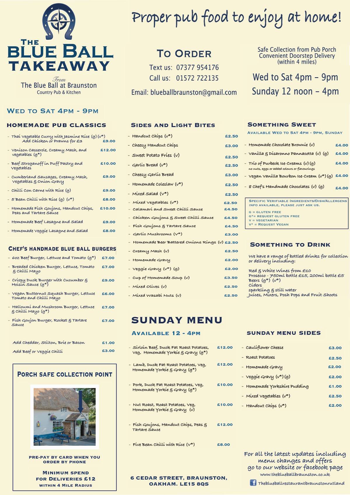 Menu at The Blue Ball at Braunston restaurant, Oakham