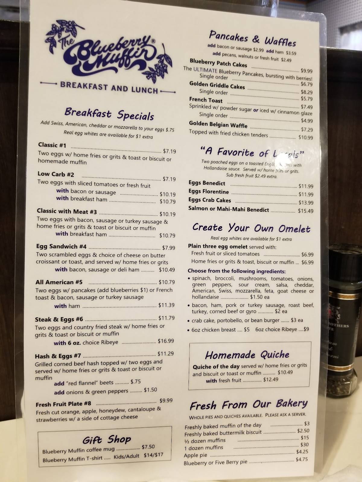 Menu at The Blueberry Muffin restaurant, Indialantic