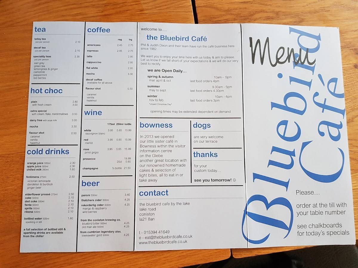 Menu at The Bluebird Cafe, Coniston