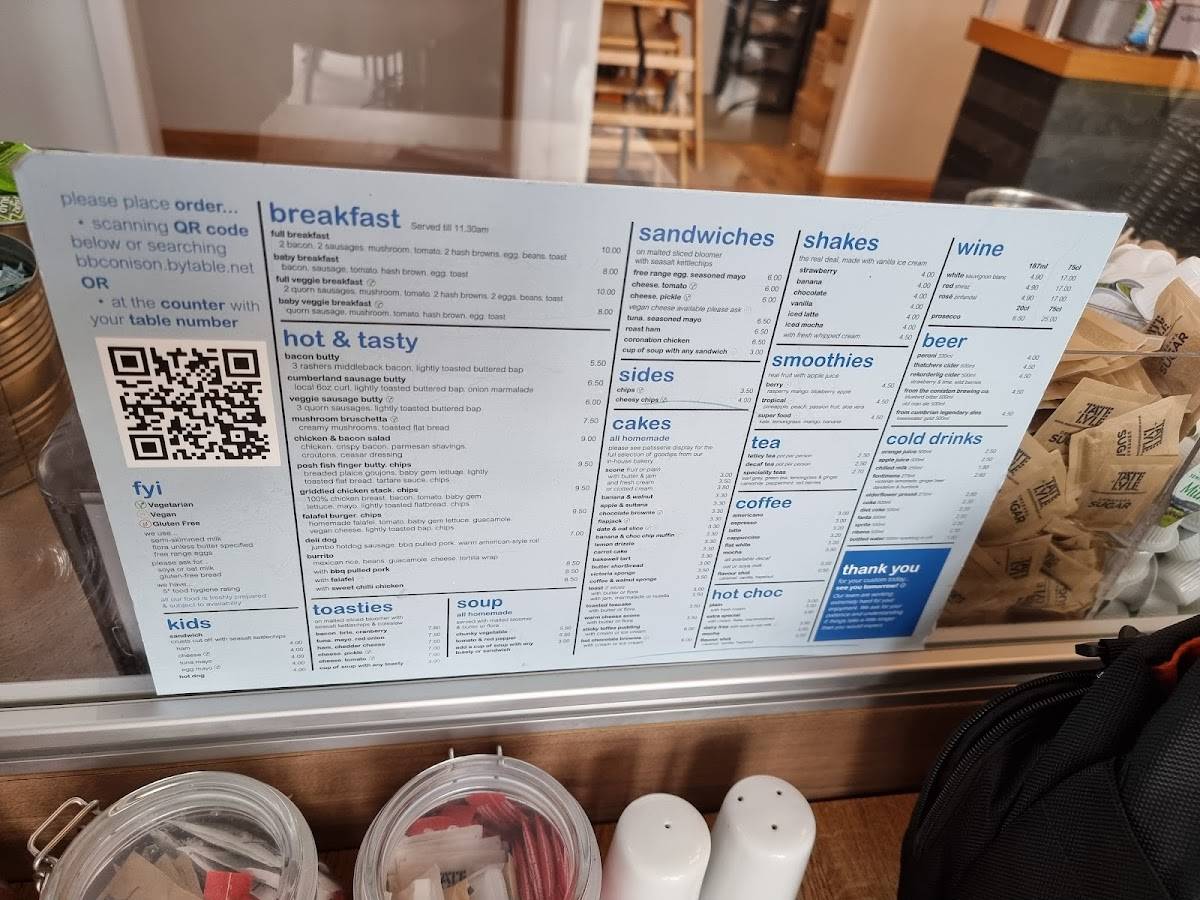 Menu at The Bluebird Cafe, Coniston