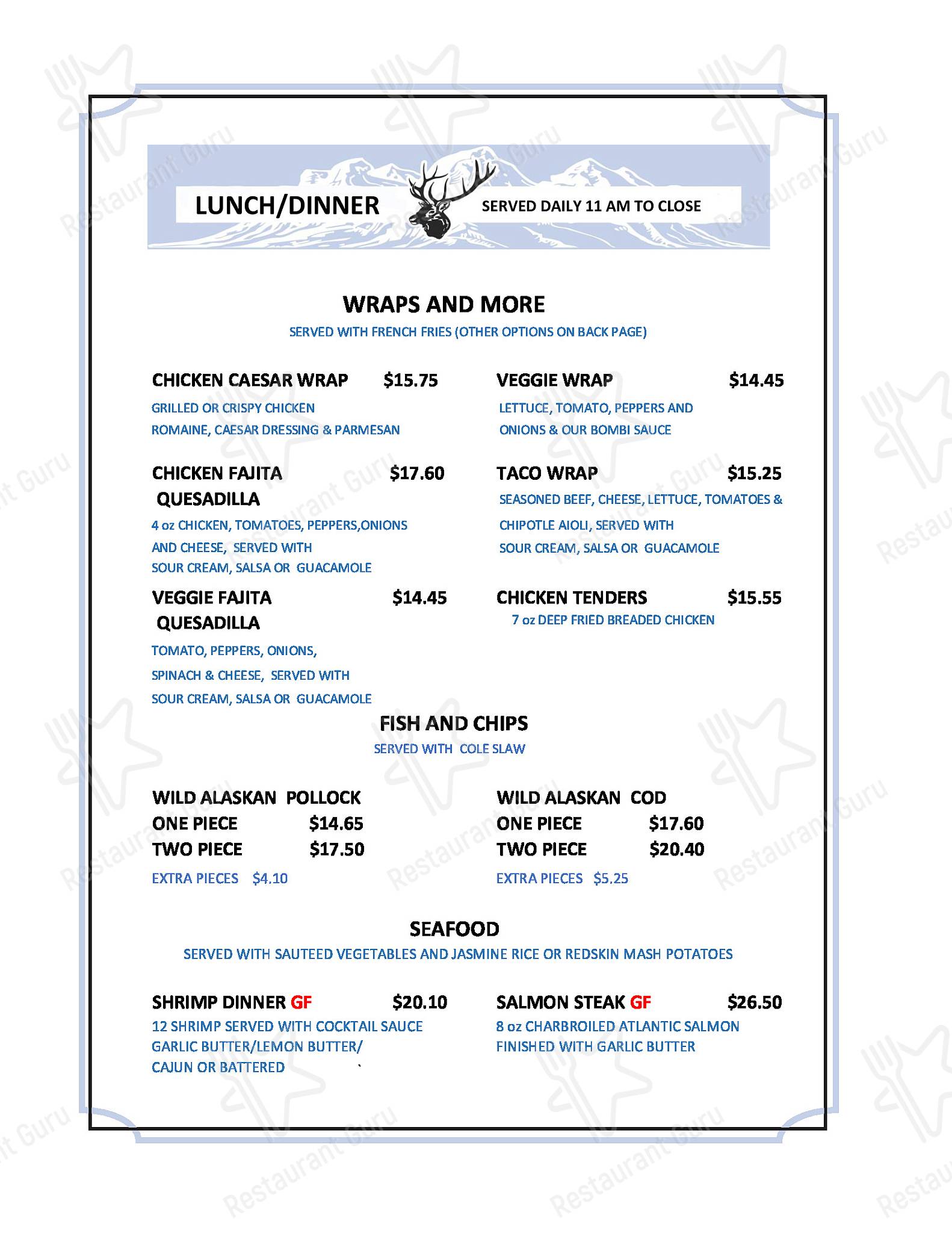 Menu at The Bombi Restaurant, Castlegar