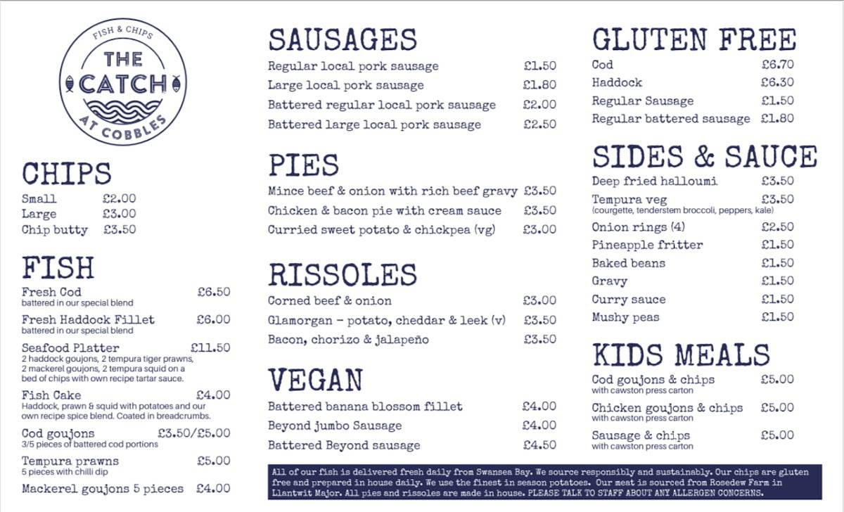 Menu at The Catch at Cobbles restaurant, Bridgend