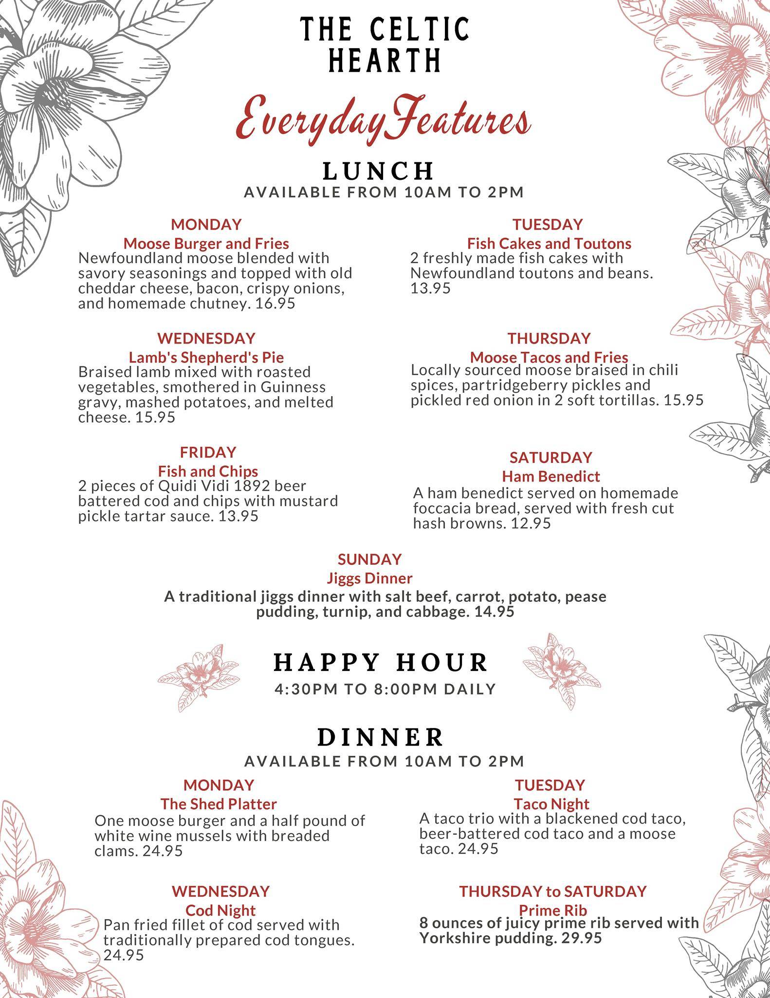 Menu at The Celtic Hearth restaurant, St. John's