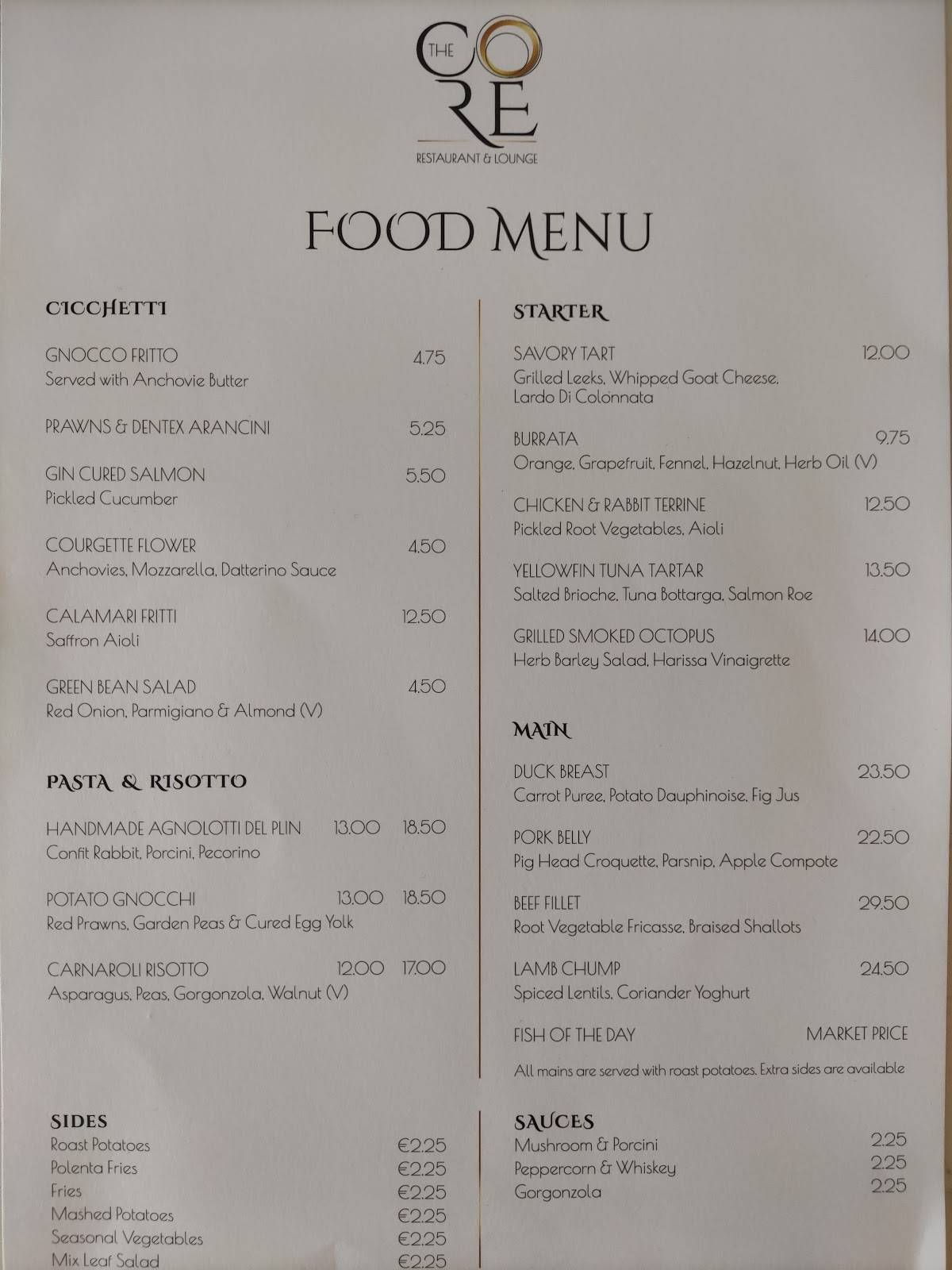 Menu at The Core Restaurant, Mellieha