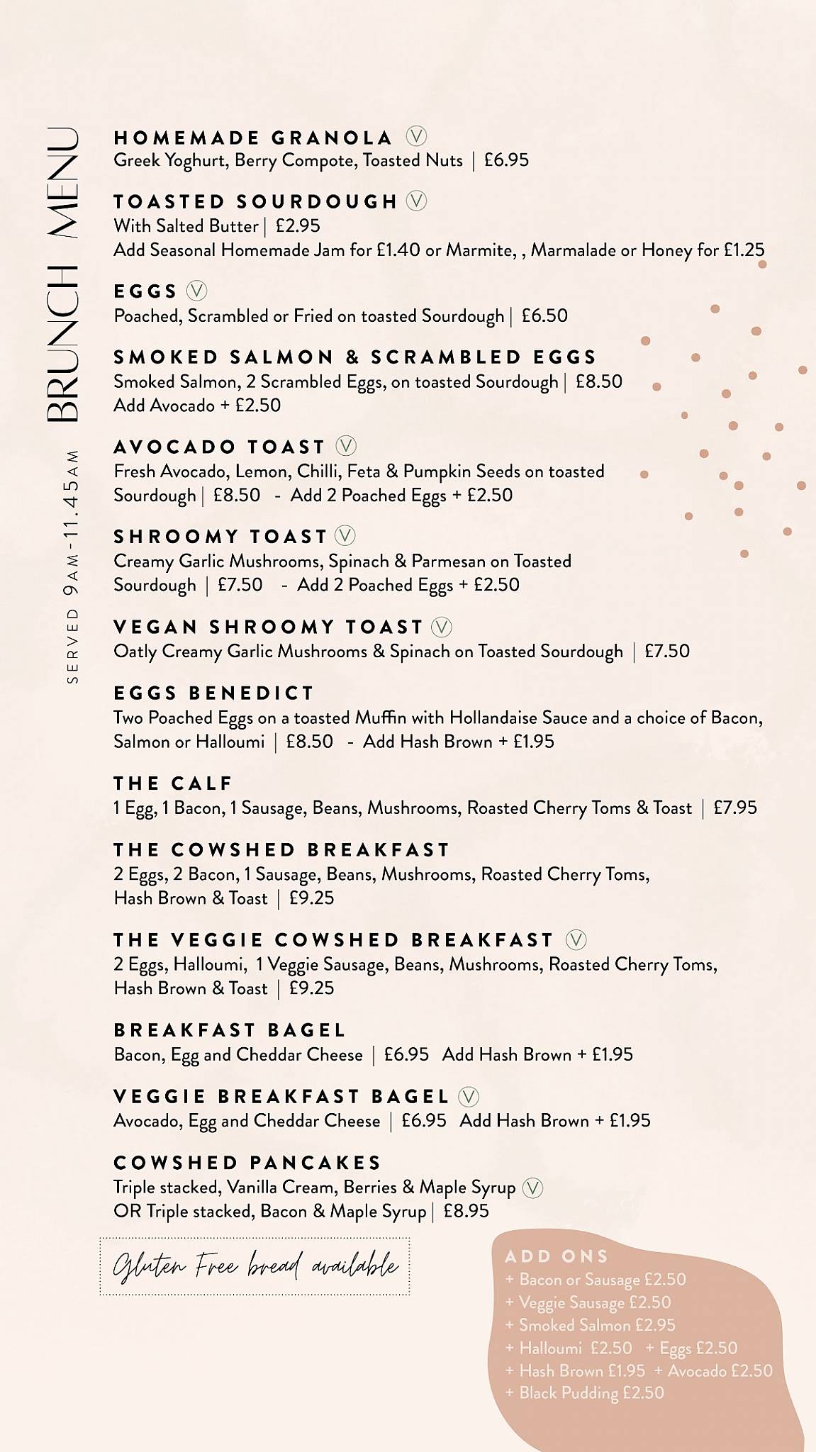 Menu at The Cowshed Dorset cafe, Poole