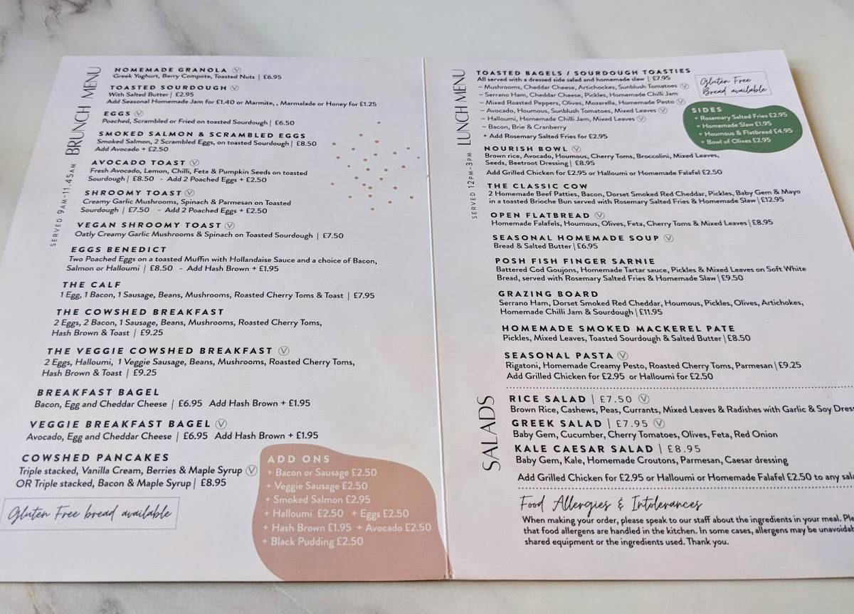 Menu at The Cowshed Dorset cafe, Poole