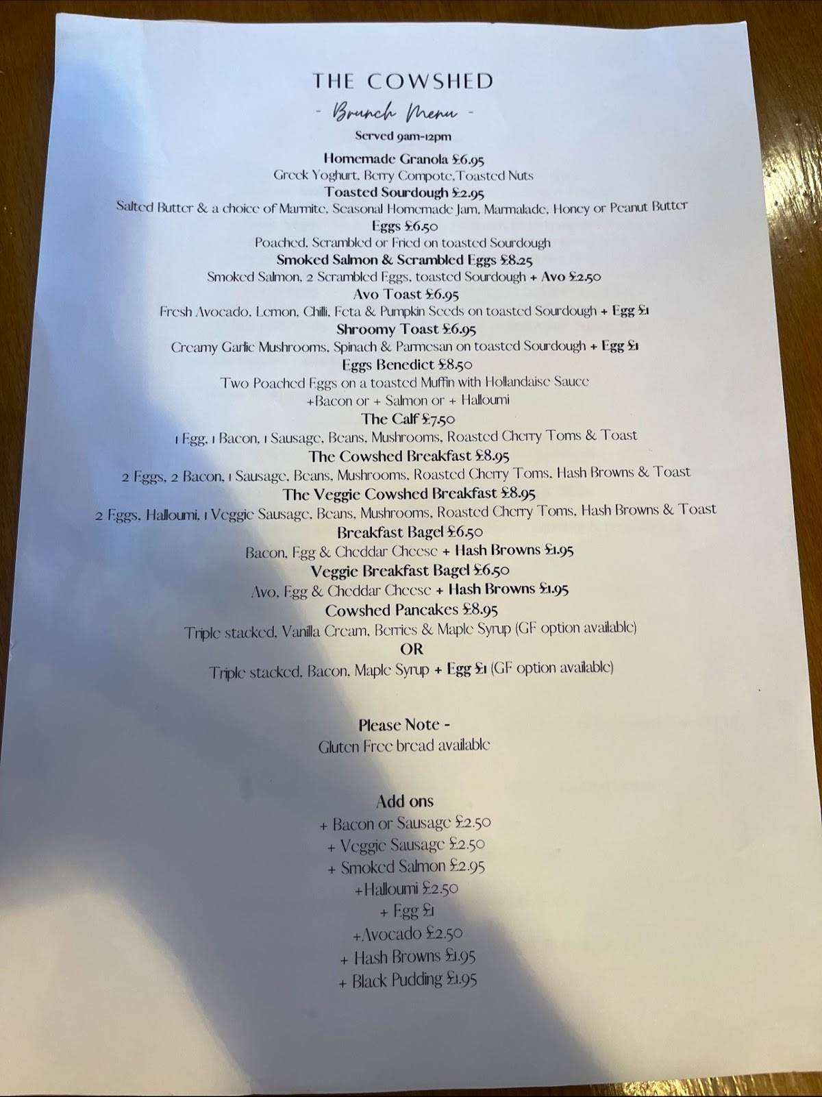 Menu at The Cowshed Dorset cafe, Poole