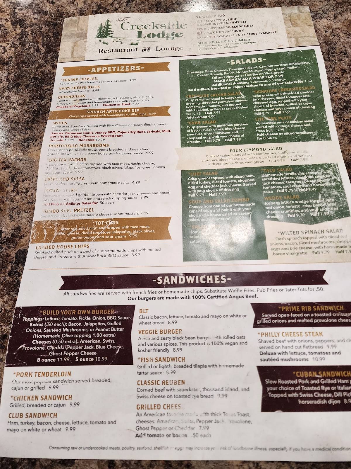 Menu at The Creekside Lodge restaurant, Crawfordsville