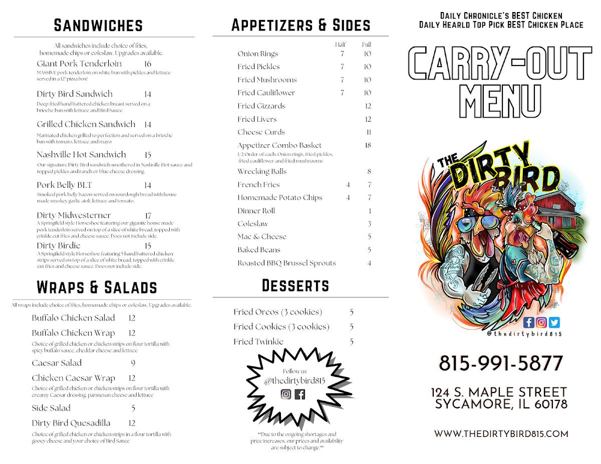 Menu at The Dirty Bird restaurant, Sycamore