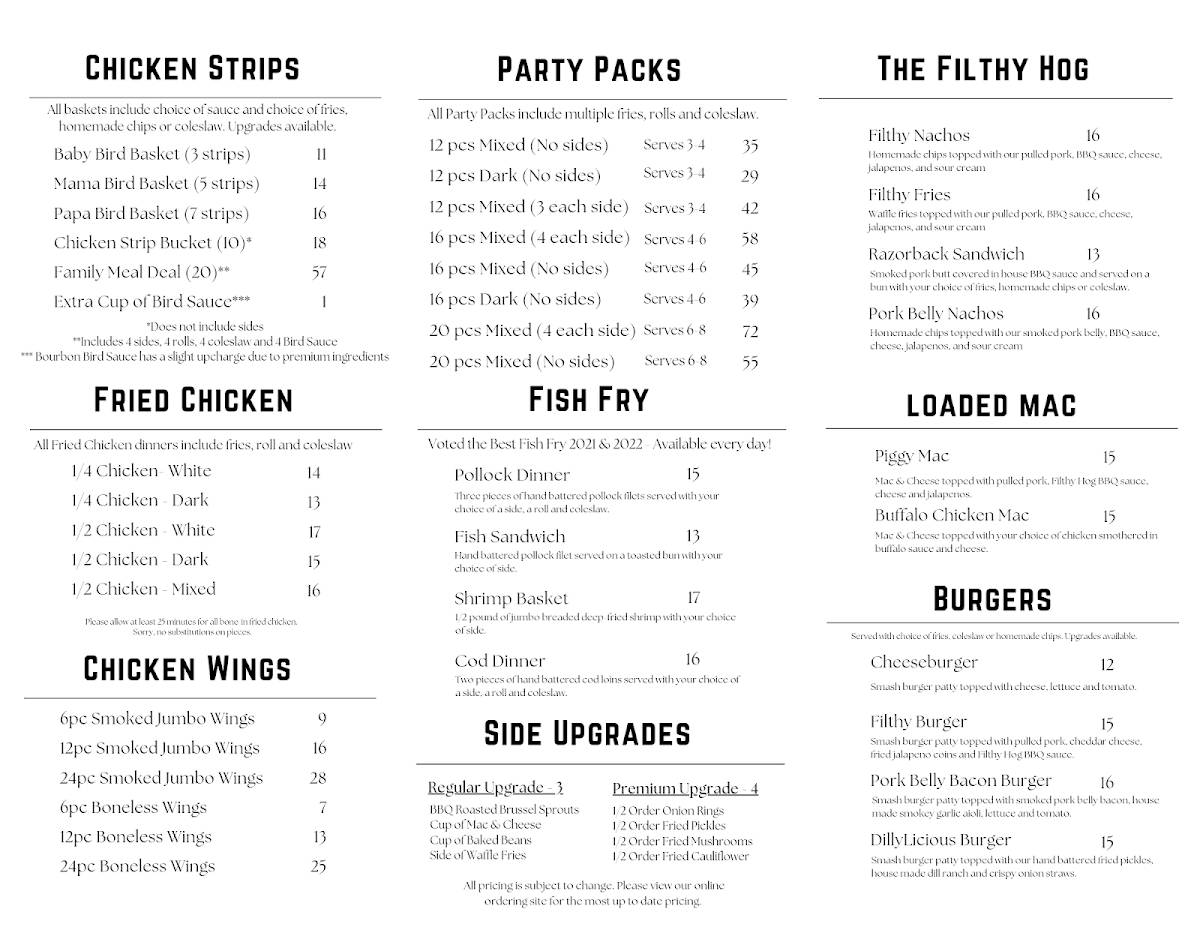 Menu at The Dirty Bird restaurant, Sycamore