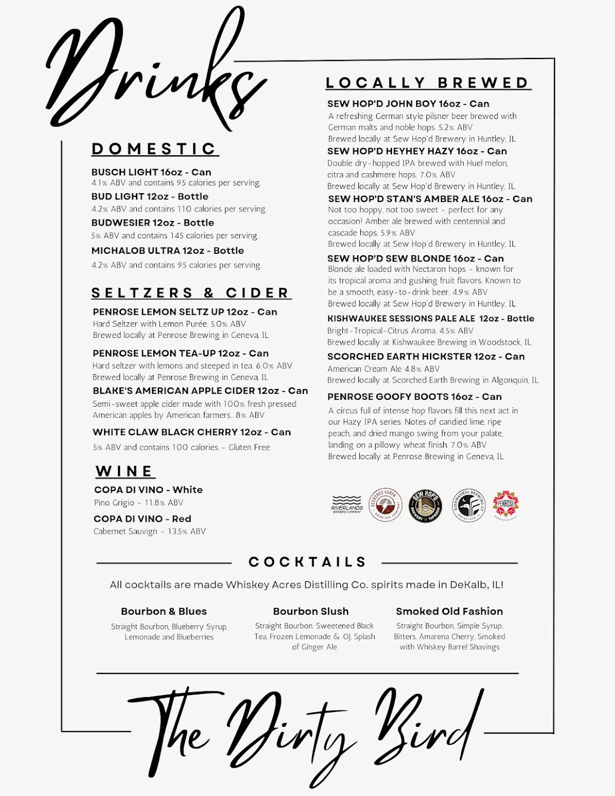 Menu at The Dirty Bird restaurant, Sycamore