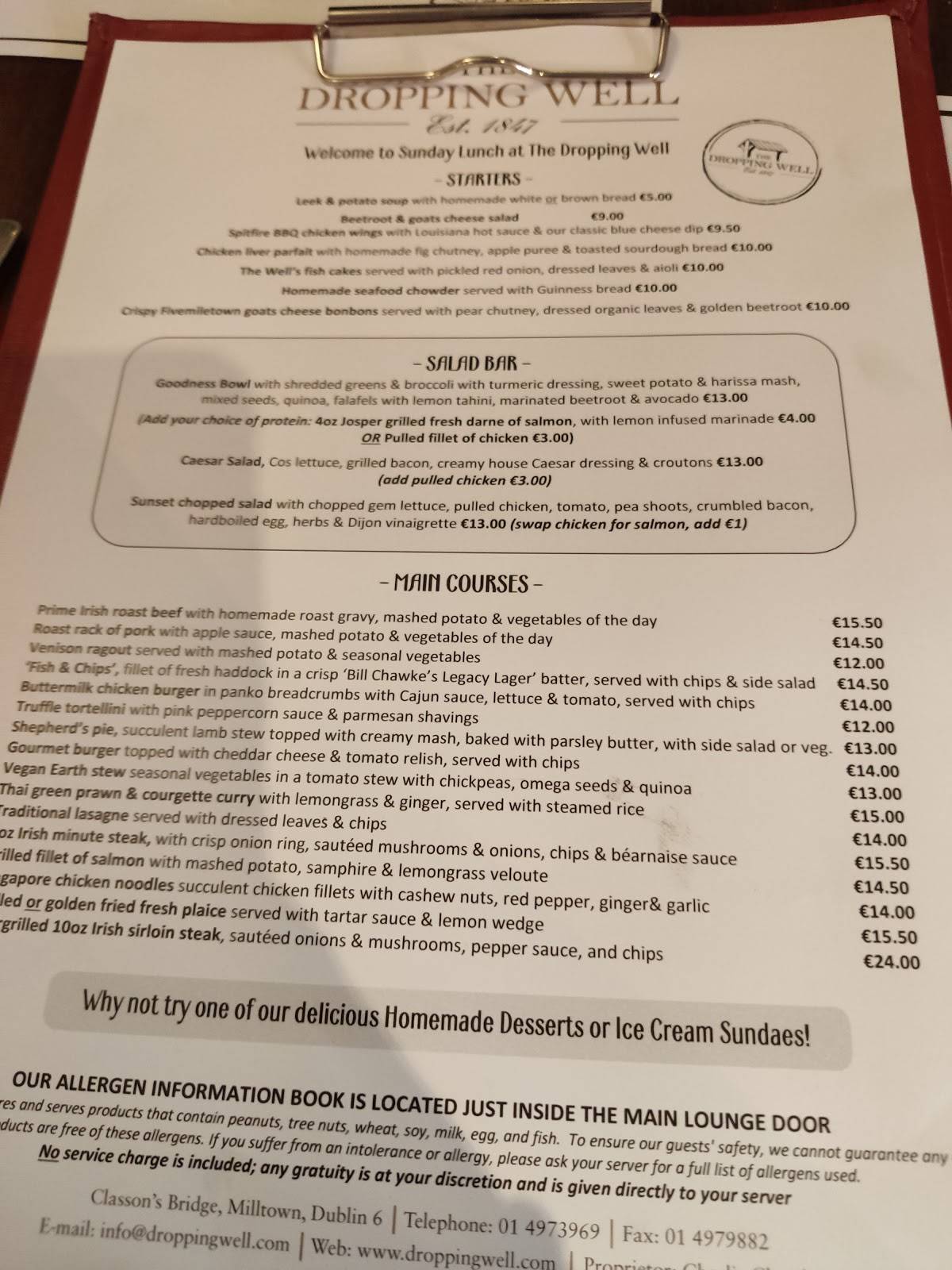 Menu at The Dropping Well pub & bar, Dublin