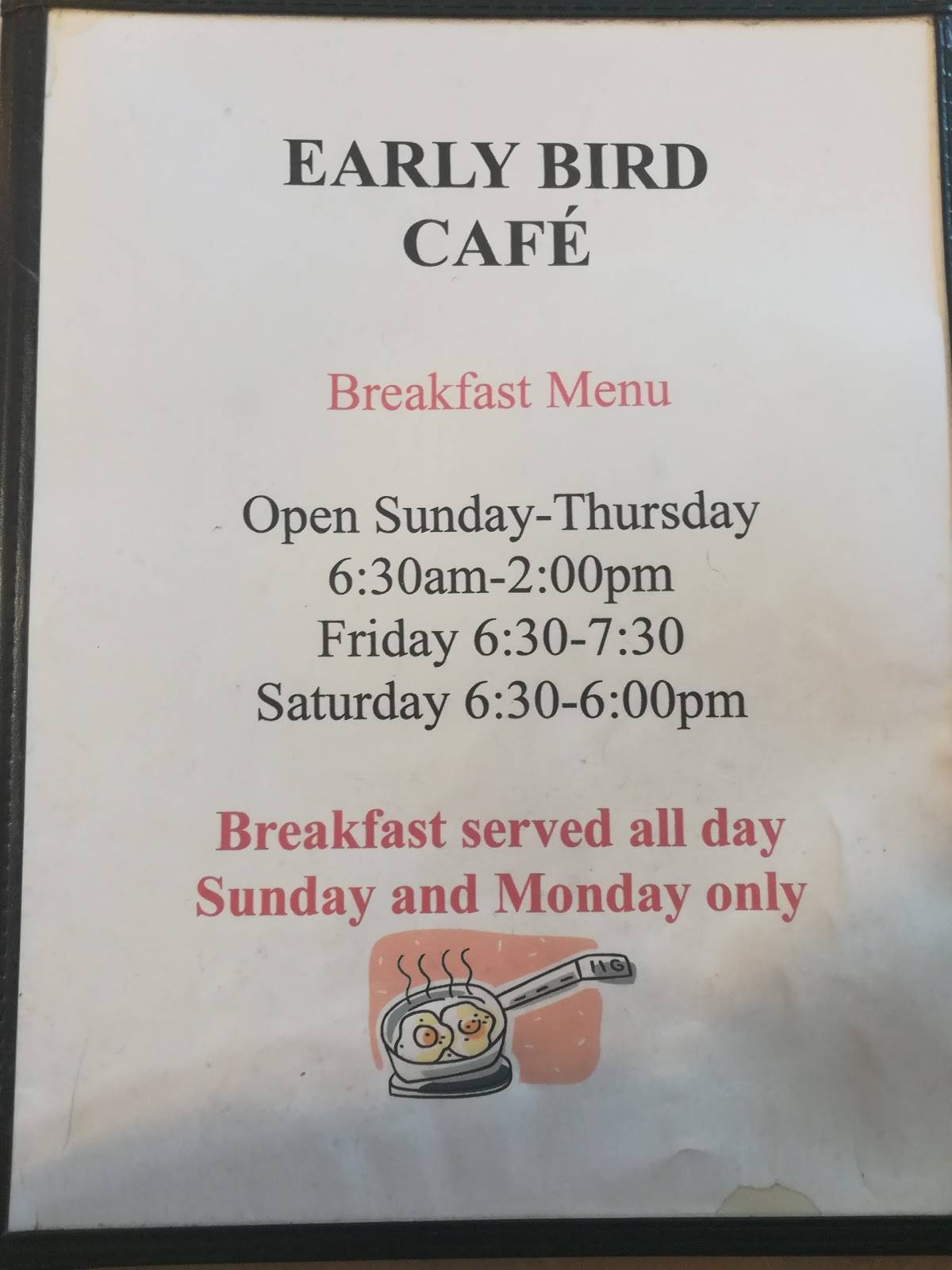 Menu at The Early Bird Cafe, Pine