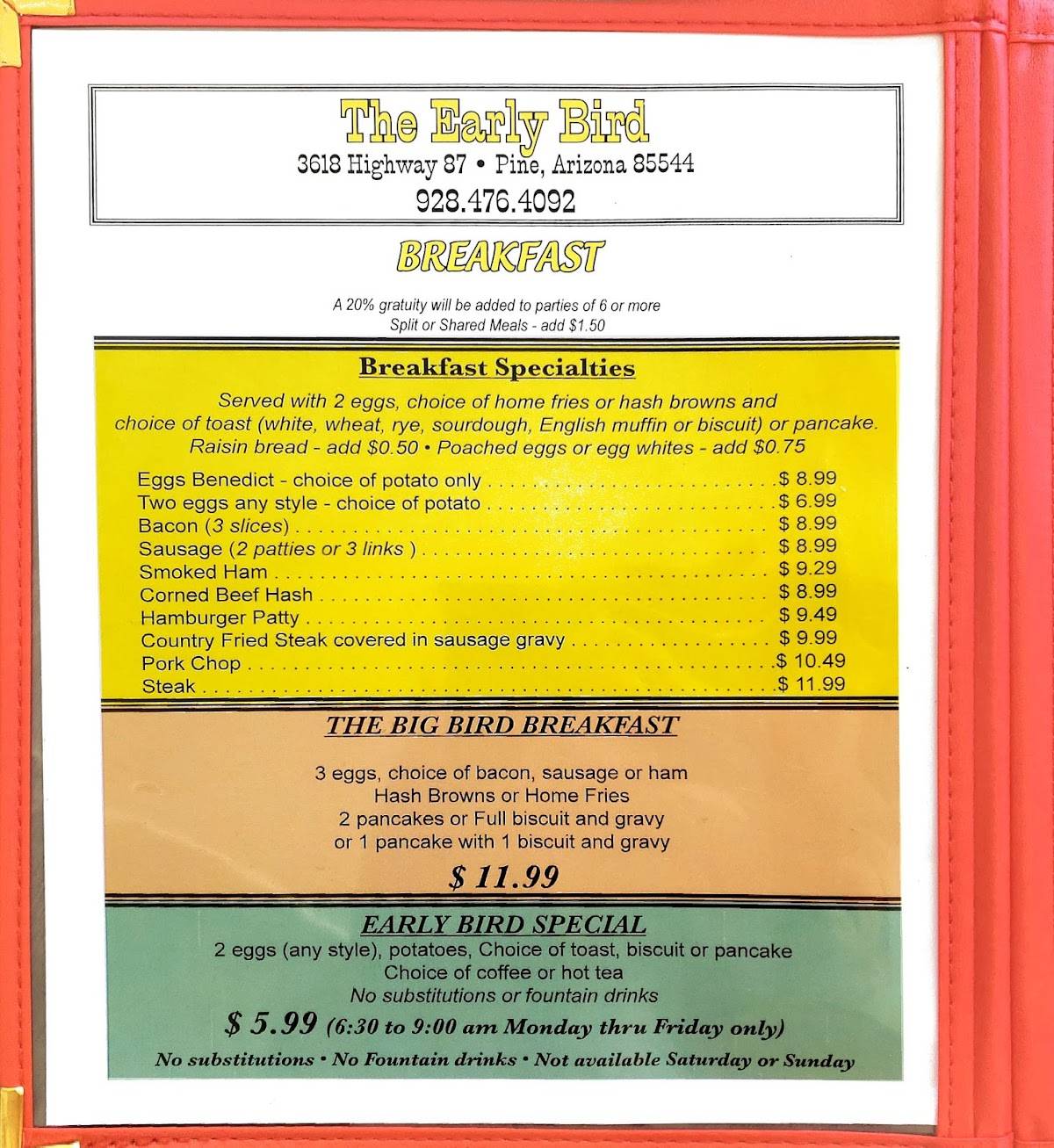 Menu at The Early Bird Cafe, Pine
