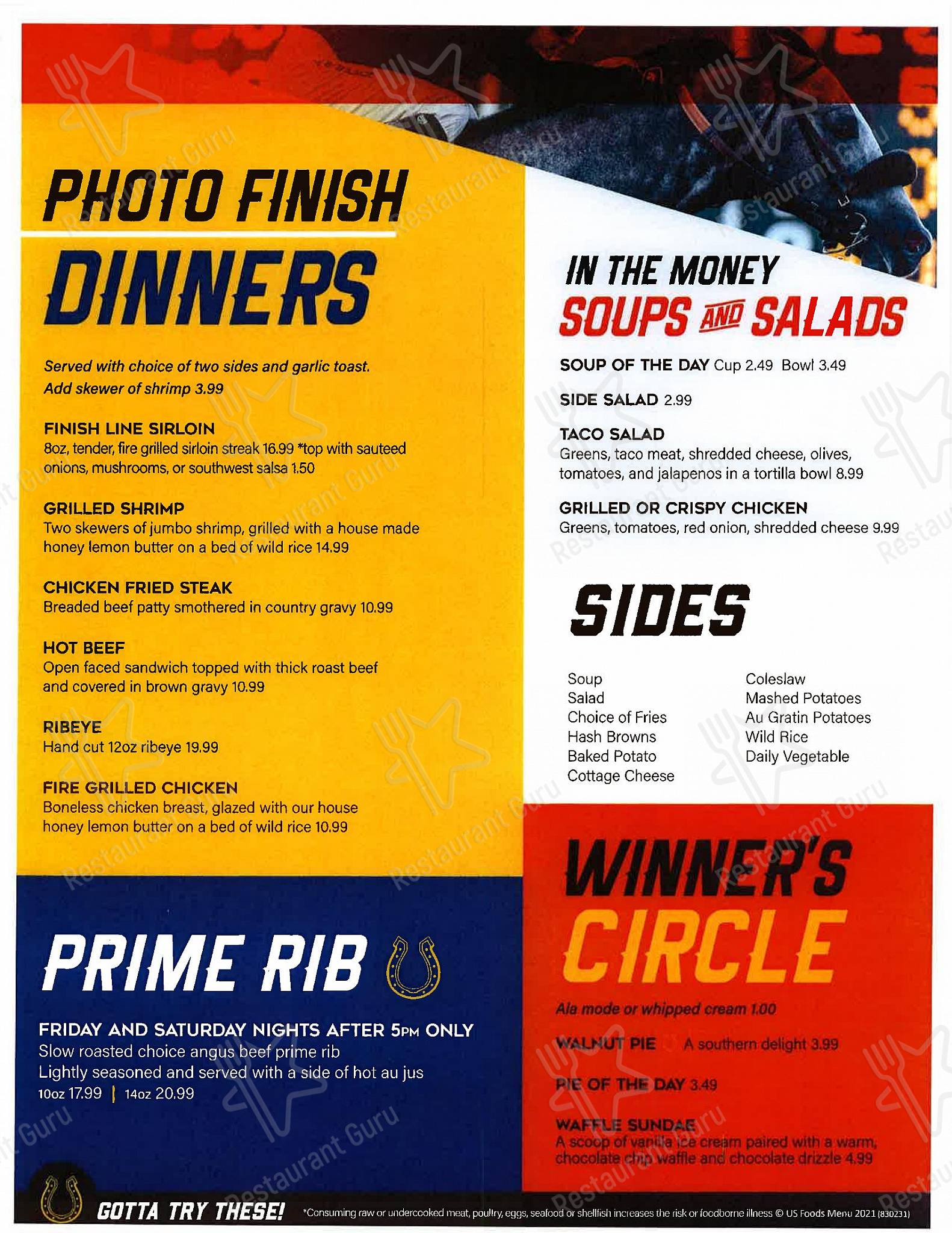 Menu at The Finish Line Cafe, USA