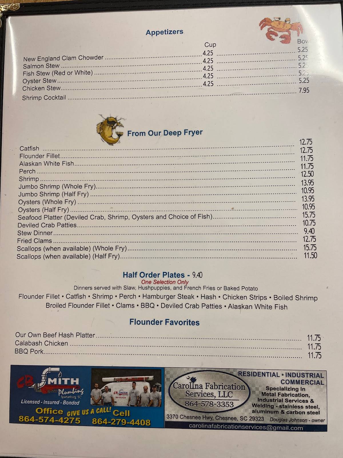 Menu at The Flounder BBQ, Spartanburg, 160 Barbado Ln